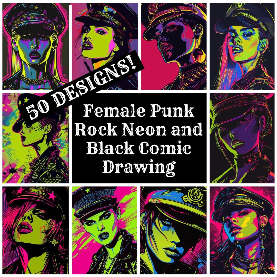 Female Punk Rock Neon and Black Comic Drawing Journal Paper, Printable ...