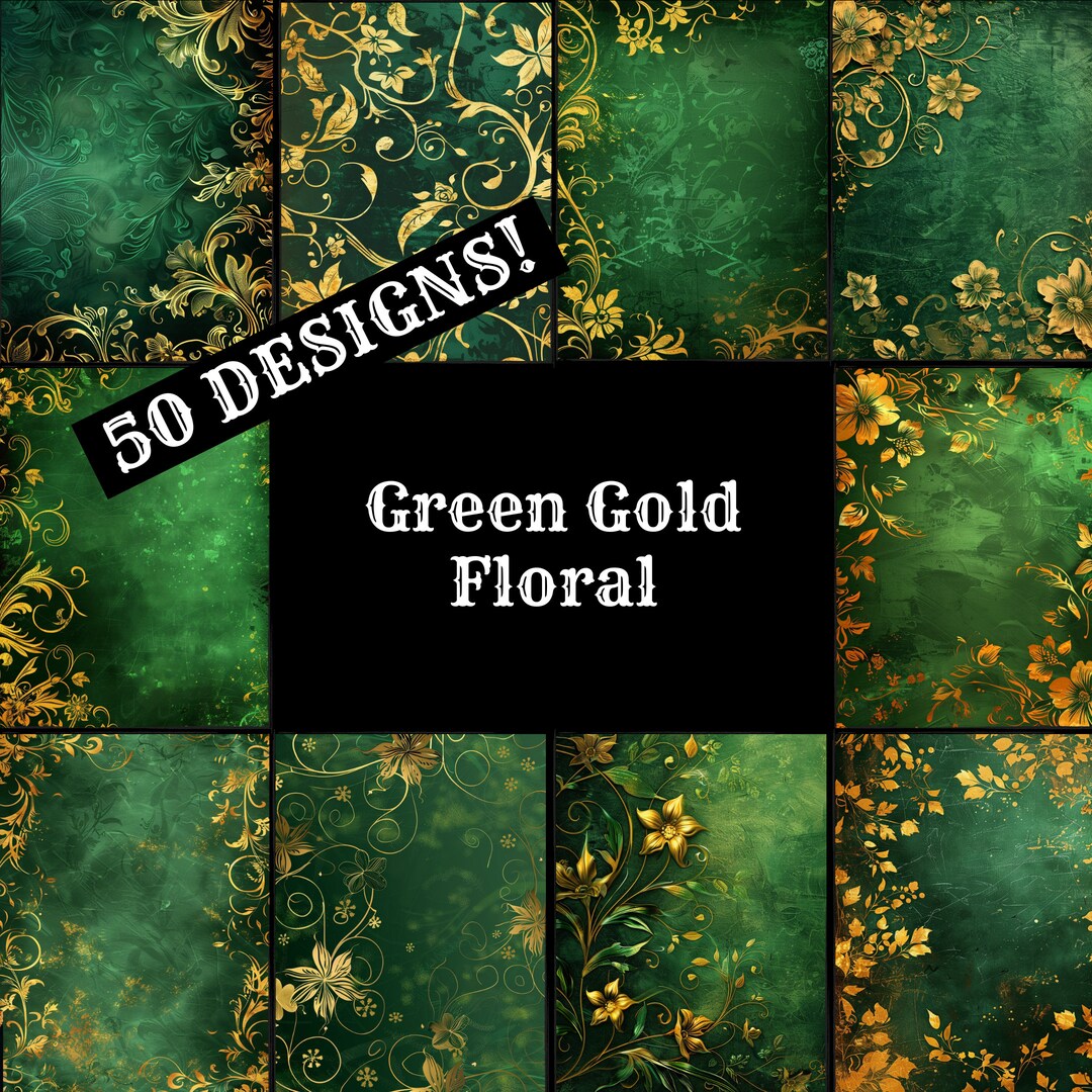 Green Gold Floral Digital Paper: Vintage Scrapbook Journal (PNG) - Etsy