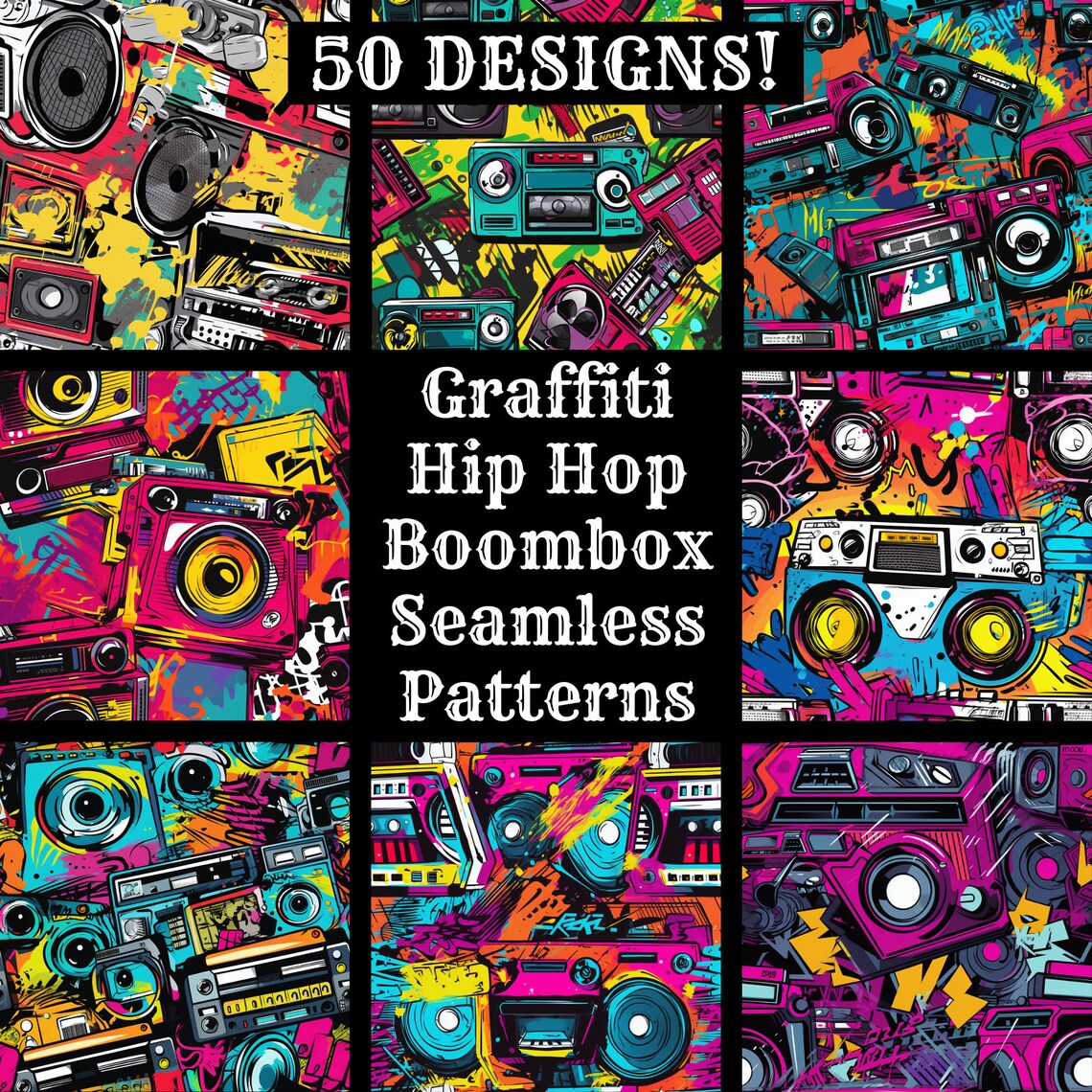 Graffiti Hip Hop Boombox Seamless Digital Paper, Printable Scrapbook ...
