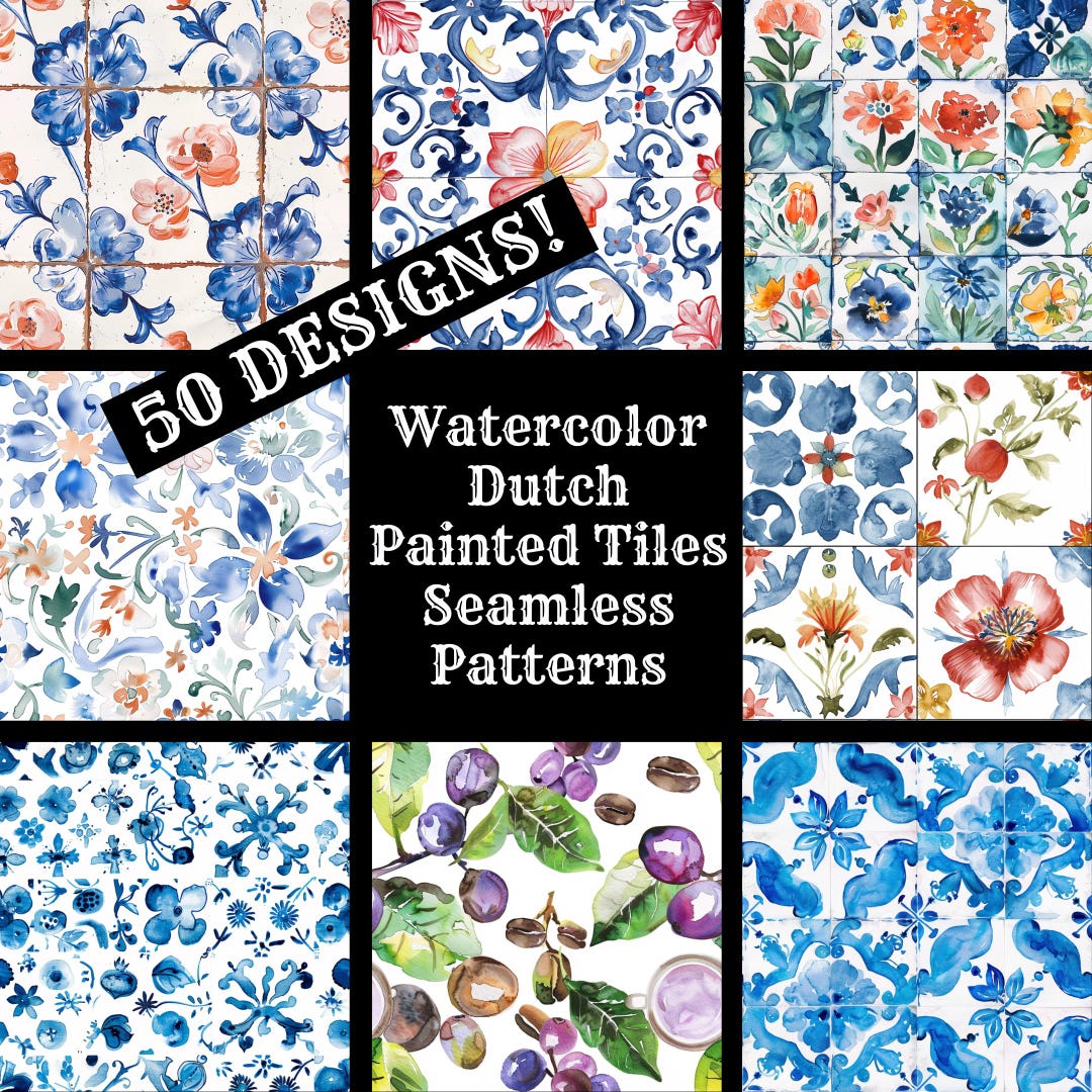 Watercolor Dutch Tile Patterns: Seamless Digital Paper (PNG) - Etsy