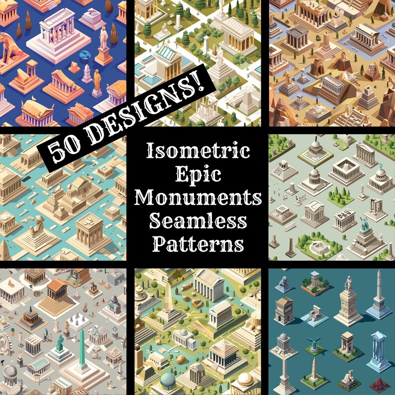 Isometric Monuments Seamless Pattern: 50 PNG Digital Papers (digital ...