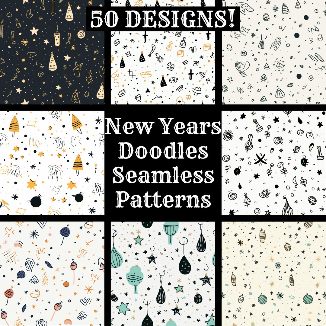 New Years Doodles Seamless Digital Paper, Printable Scrapbook Paper ...
