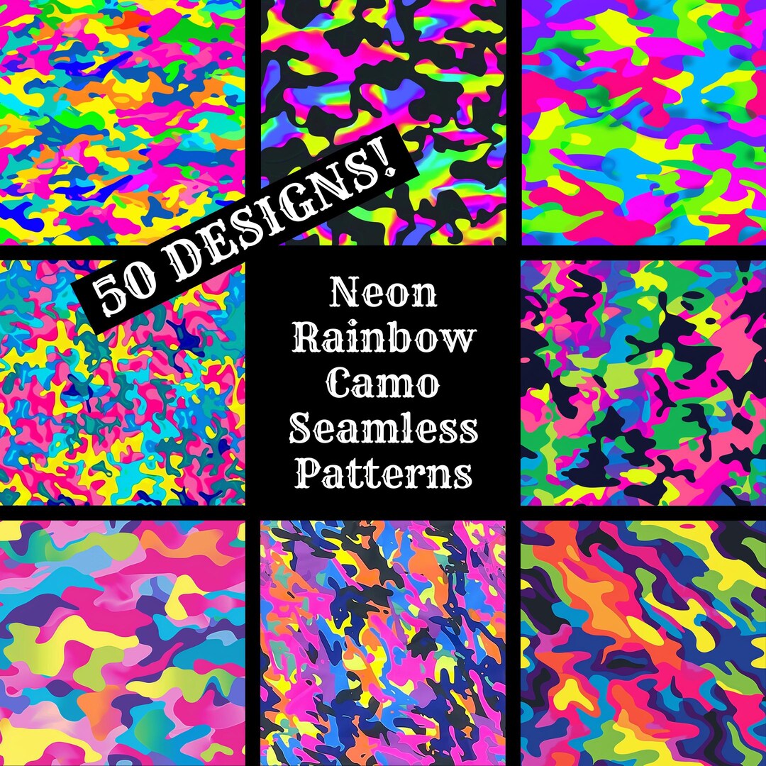 Neon Rainbow Camo Seamless Pattern: 50 PNG Digital Papers (digital ...