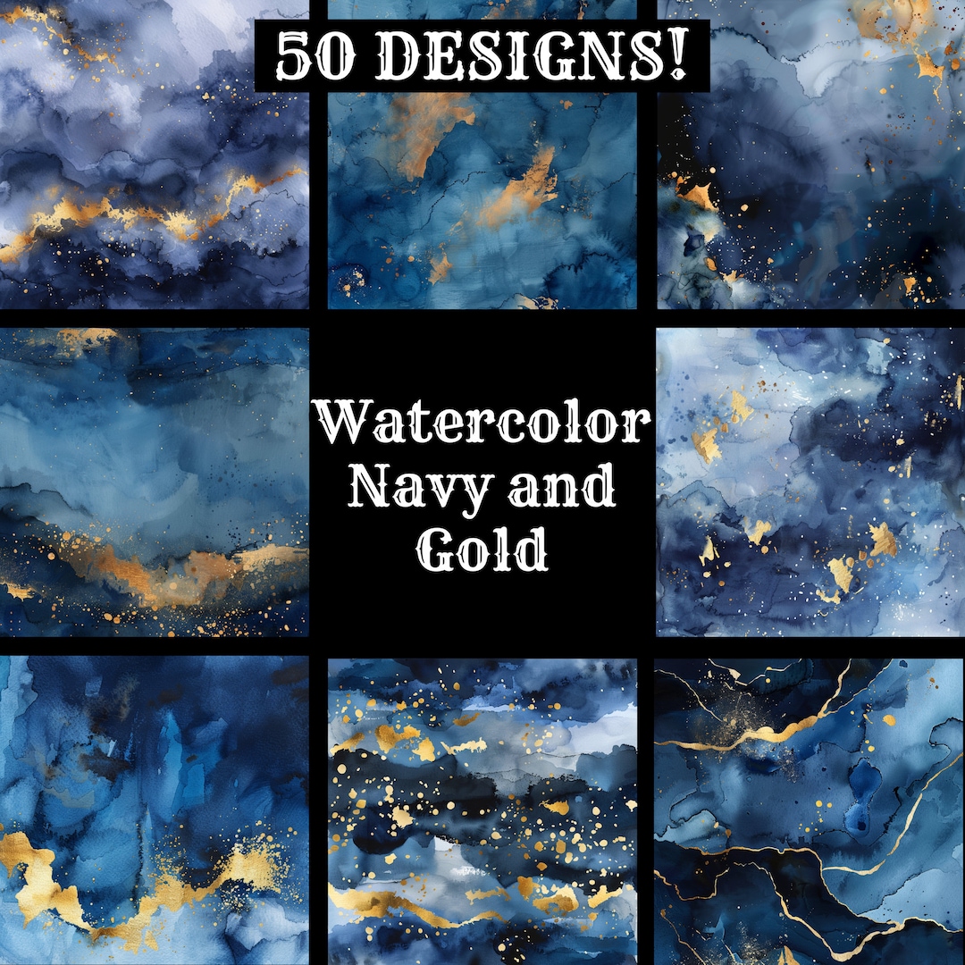 Navy and Gold Watercolor Paper: High-resolution Digital Scrapbook (PNG ...
