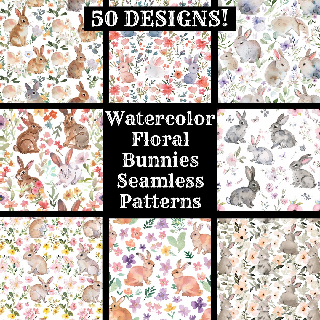 Watercolor Floral Bunnies Seamless Digital Paper, Printable Scrapbook ...