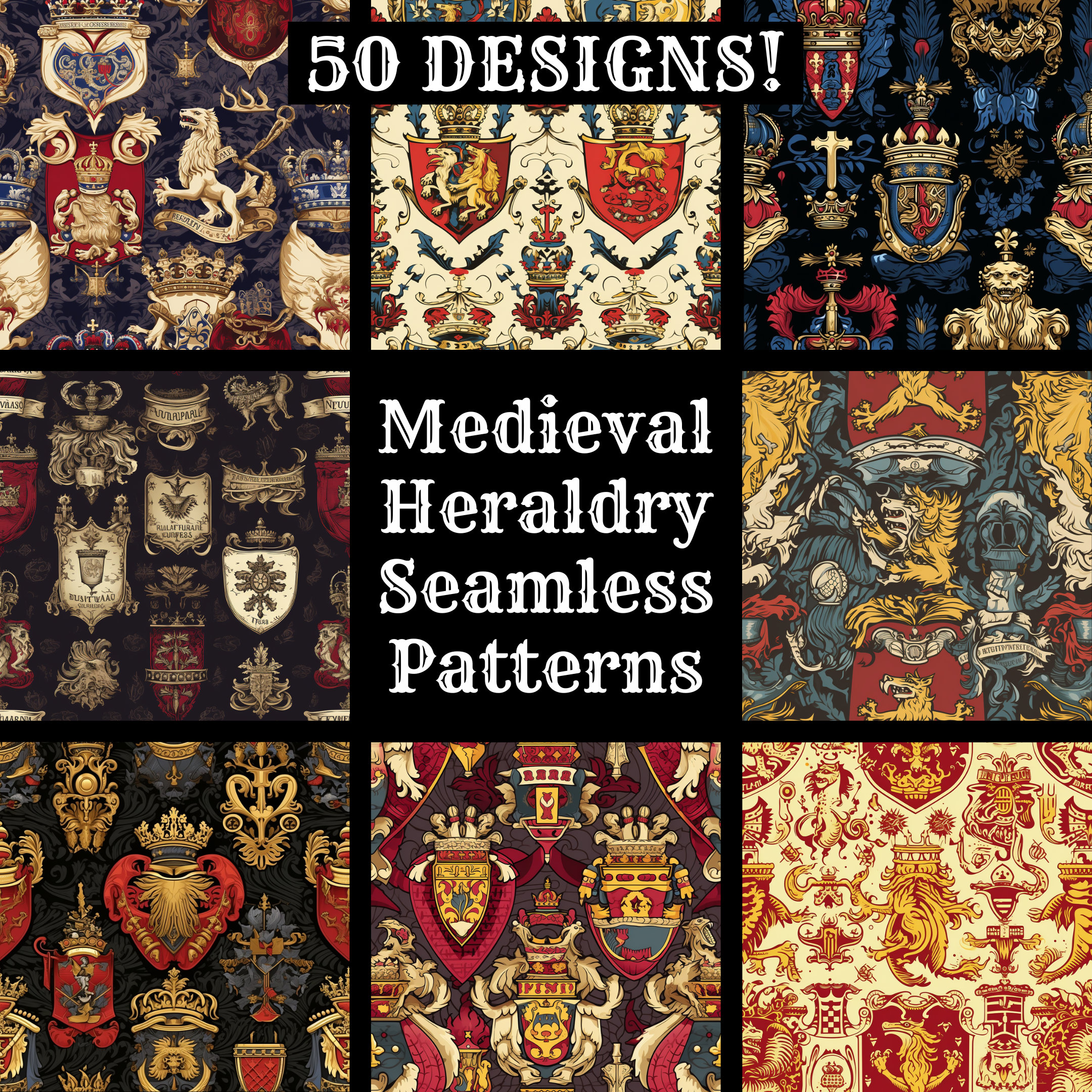 Medieval Heraldry Seamless Patterns: 50 PNG Digital Papers (1024x1024 ...
