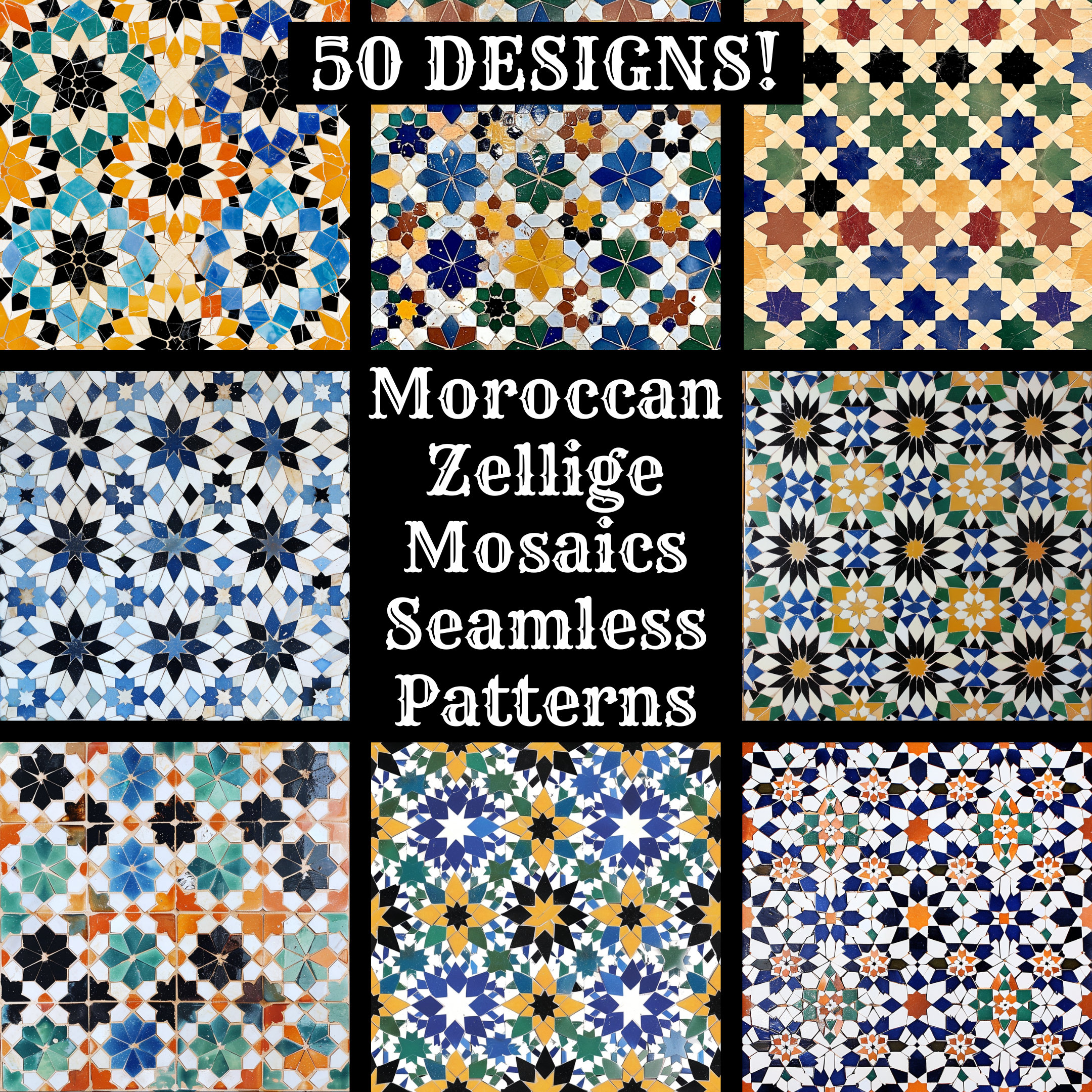 Moroccan Zellige Mosaic Seamless Patterns: 50 PNG Digital Papers ...