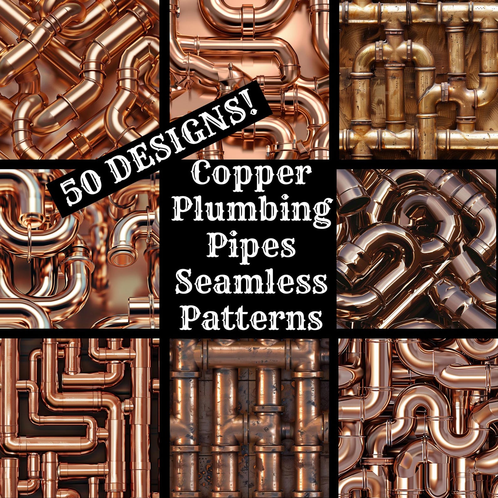 Copper Plumbing Pipes Seamless Pattern: 50 PNG Digital Papers (digital ...
