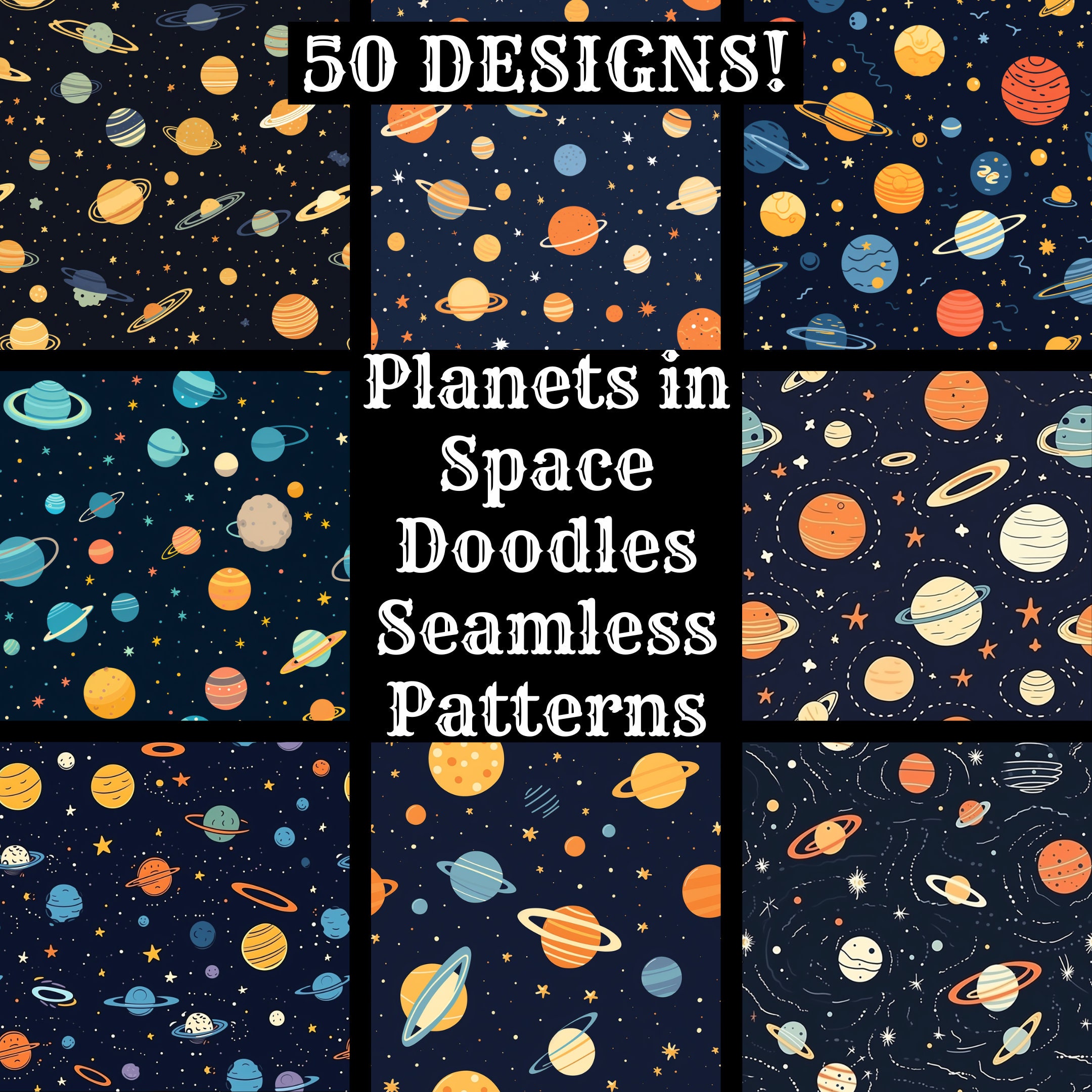 Planets in Space Doodles Seamless Digital Paper Printable - Etsy