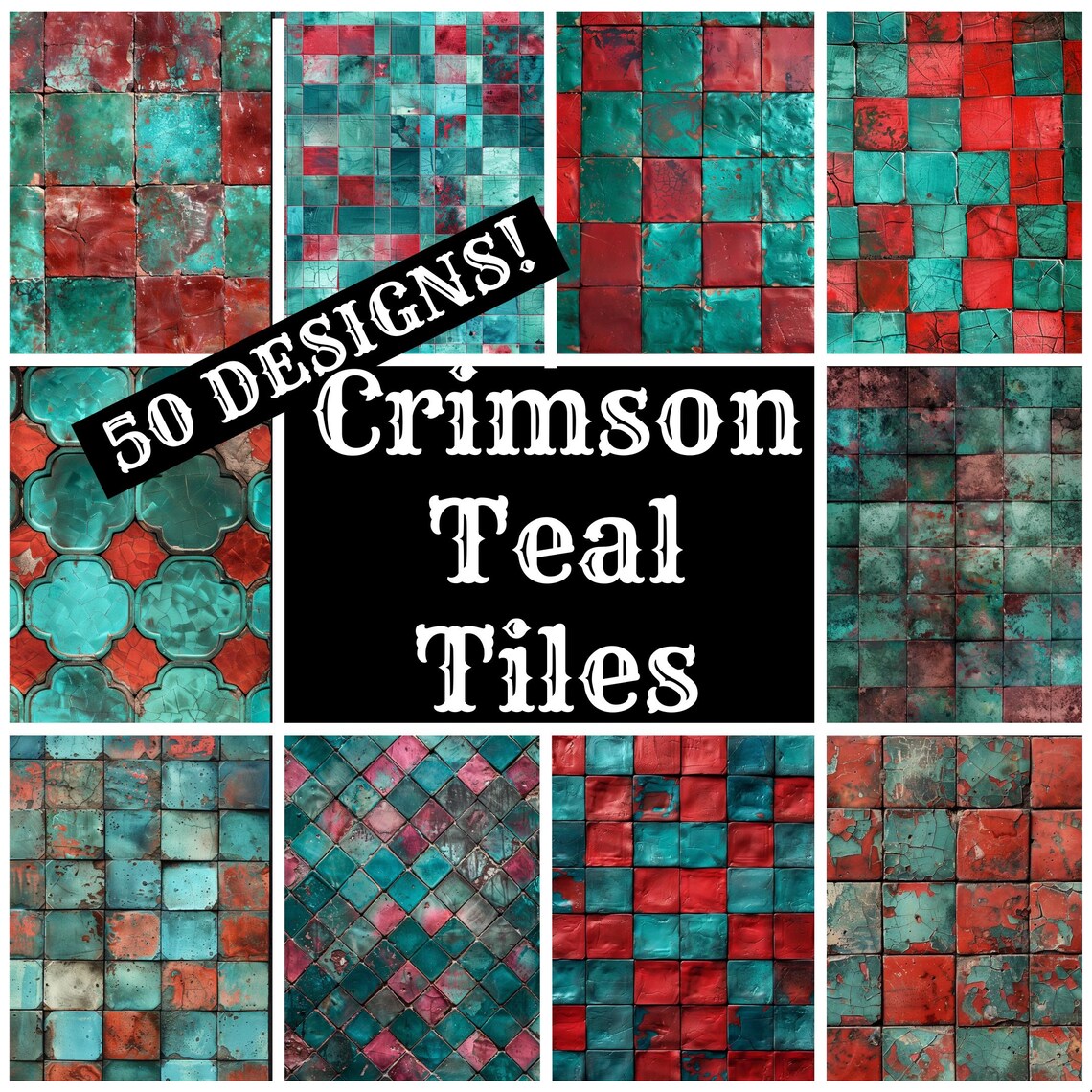 Crimson Teal Tiles Digital Paper: 50 PNG Designs (8.5x11 In) - Etsy