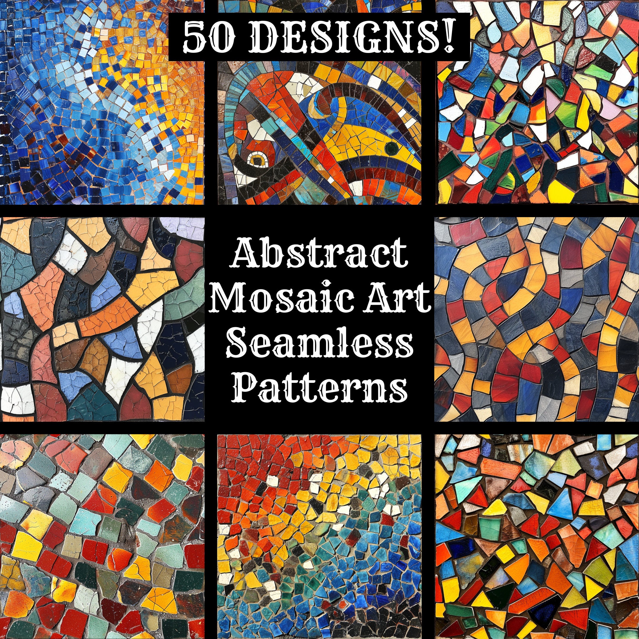 Abstract Mosaic Art Seamless Patterns: 50 PNG Digital Papers (digital ...