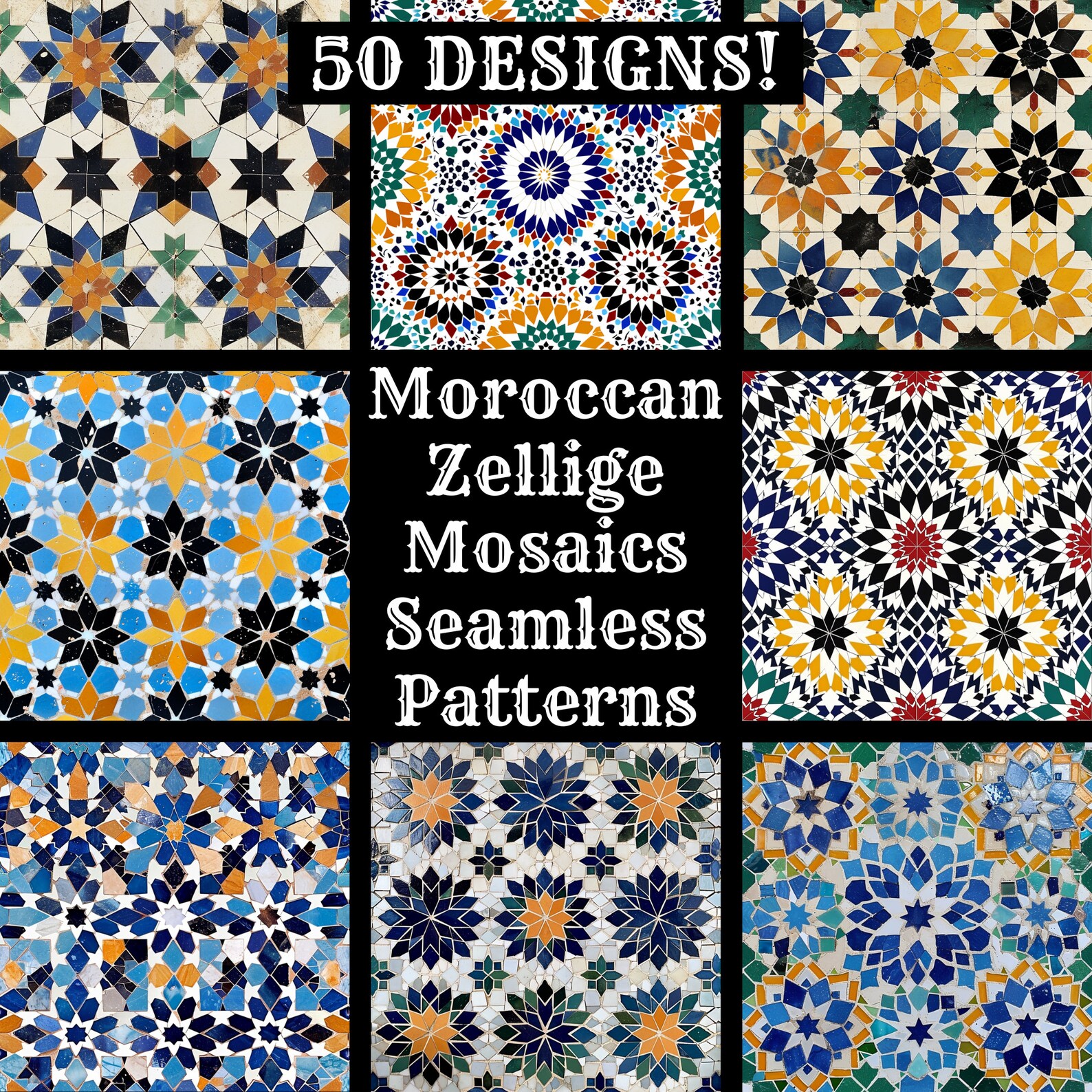 Moroccan Zellige Mosaic Seamless Patterns: 50 PNG Digital Papers ...