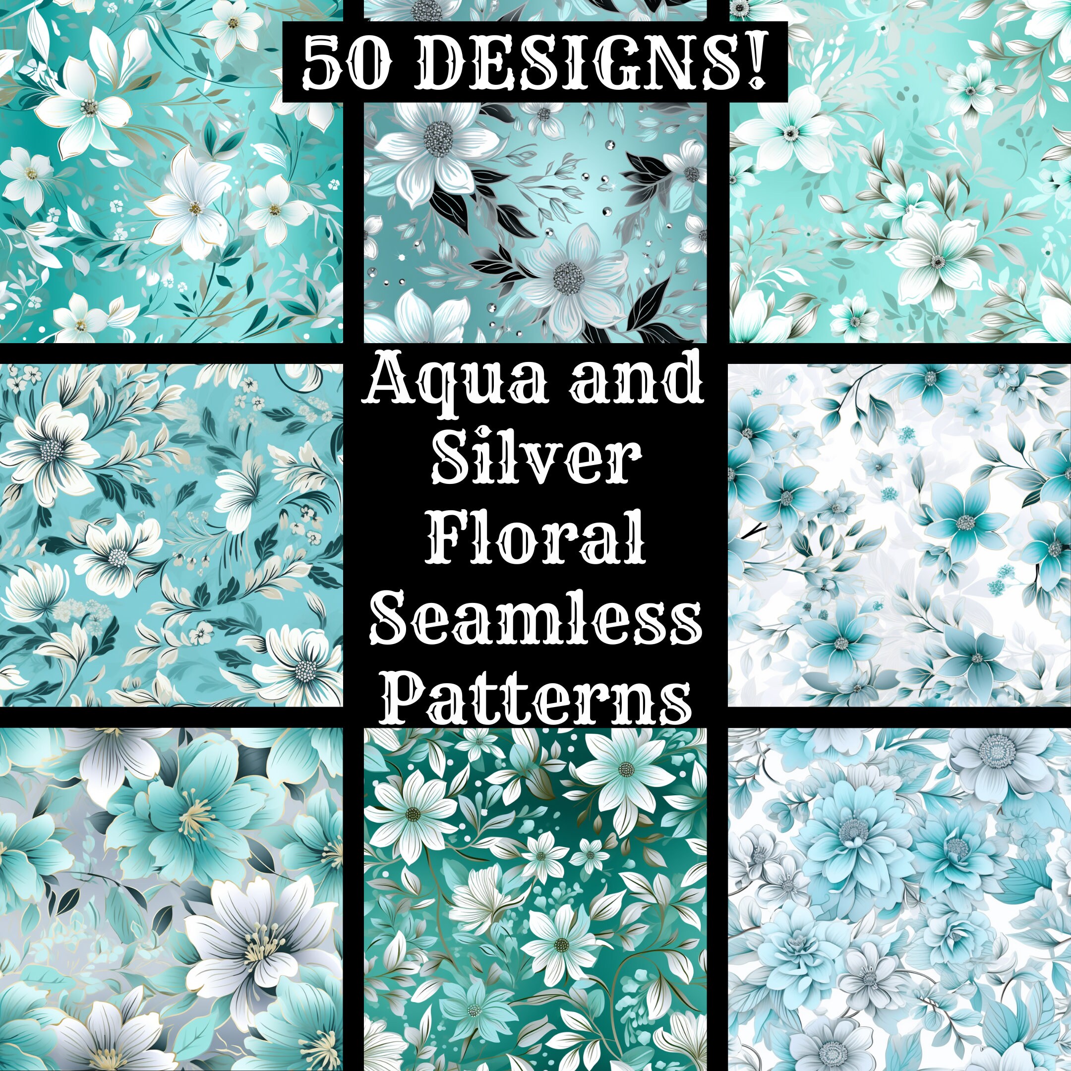 Aqua and Silver Floral Seamless Digital Paper, Printable Scrapbook ...
