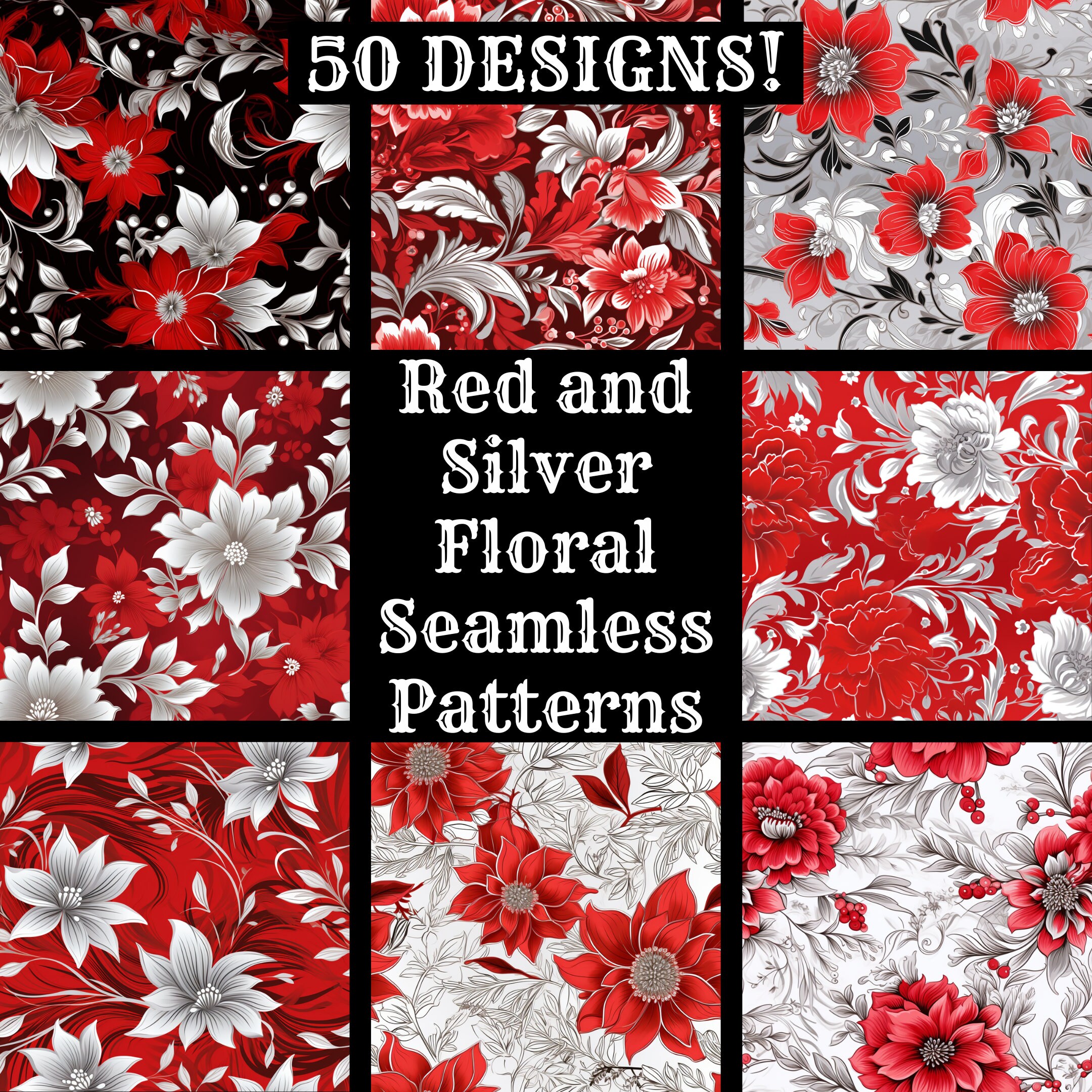 Red and Silver Floral Seamless Digital Paper Printable - Etsy