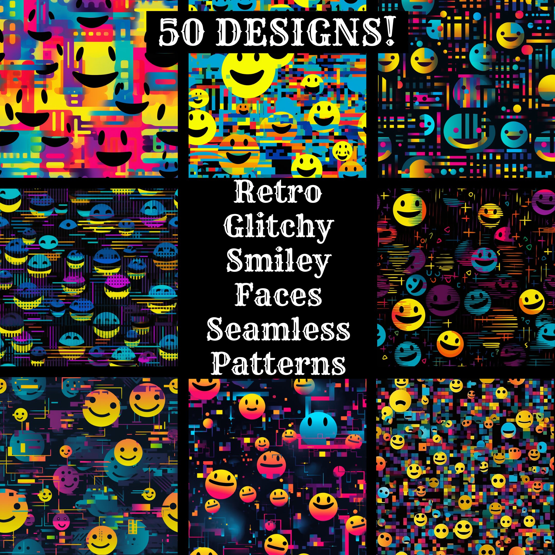 Retro Glitchy Smiley Faces Seamless Digital Paper, Printable Scrapbook ...