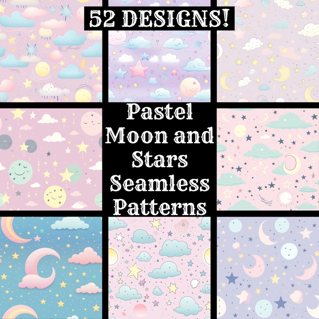 Pastel Moon and Stars Seamless Patterns: 52 PNG Digital Papers (digital ...