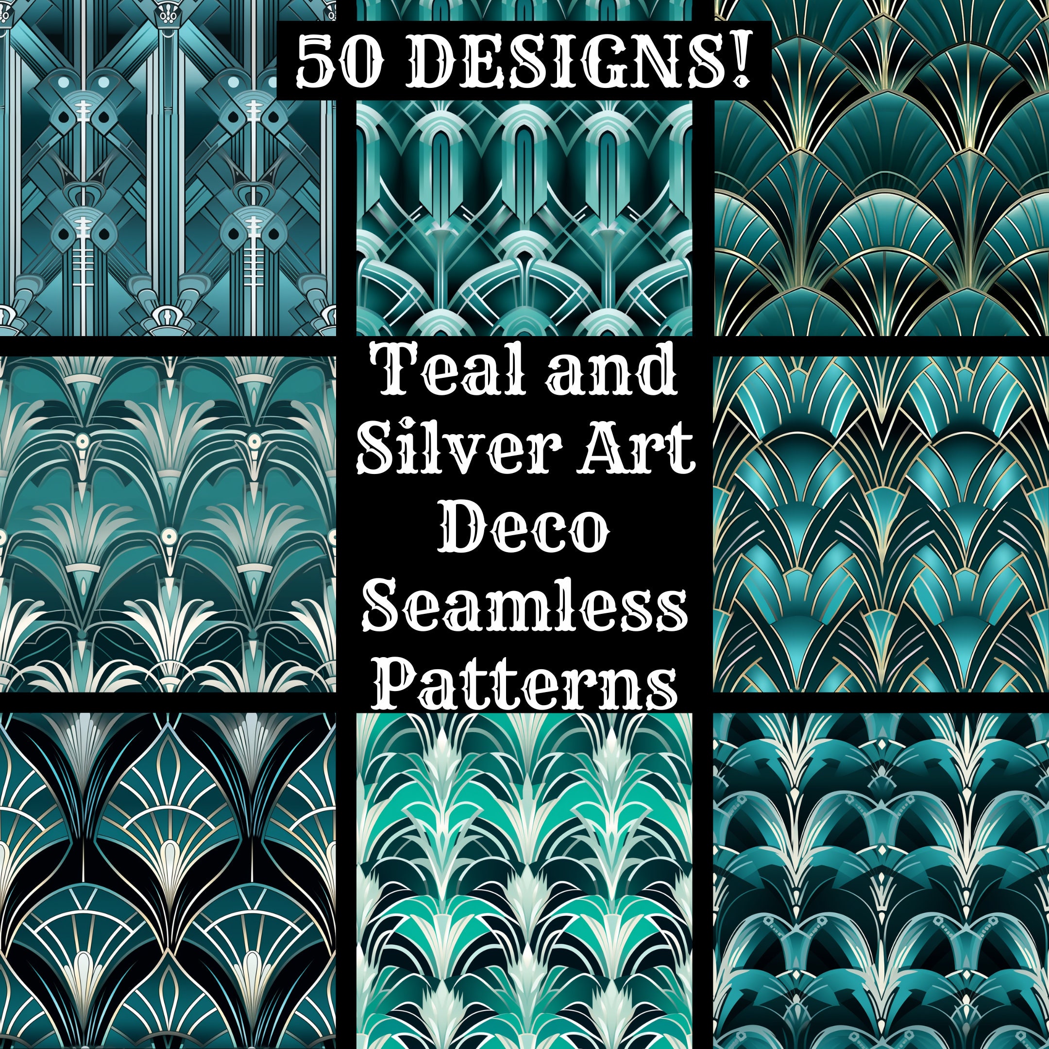 Teal and Silver Art Deco Seamless Digital Paper, Printable Scrapbook ...