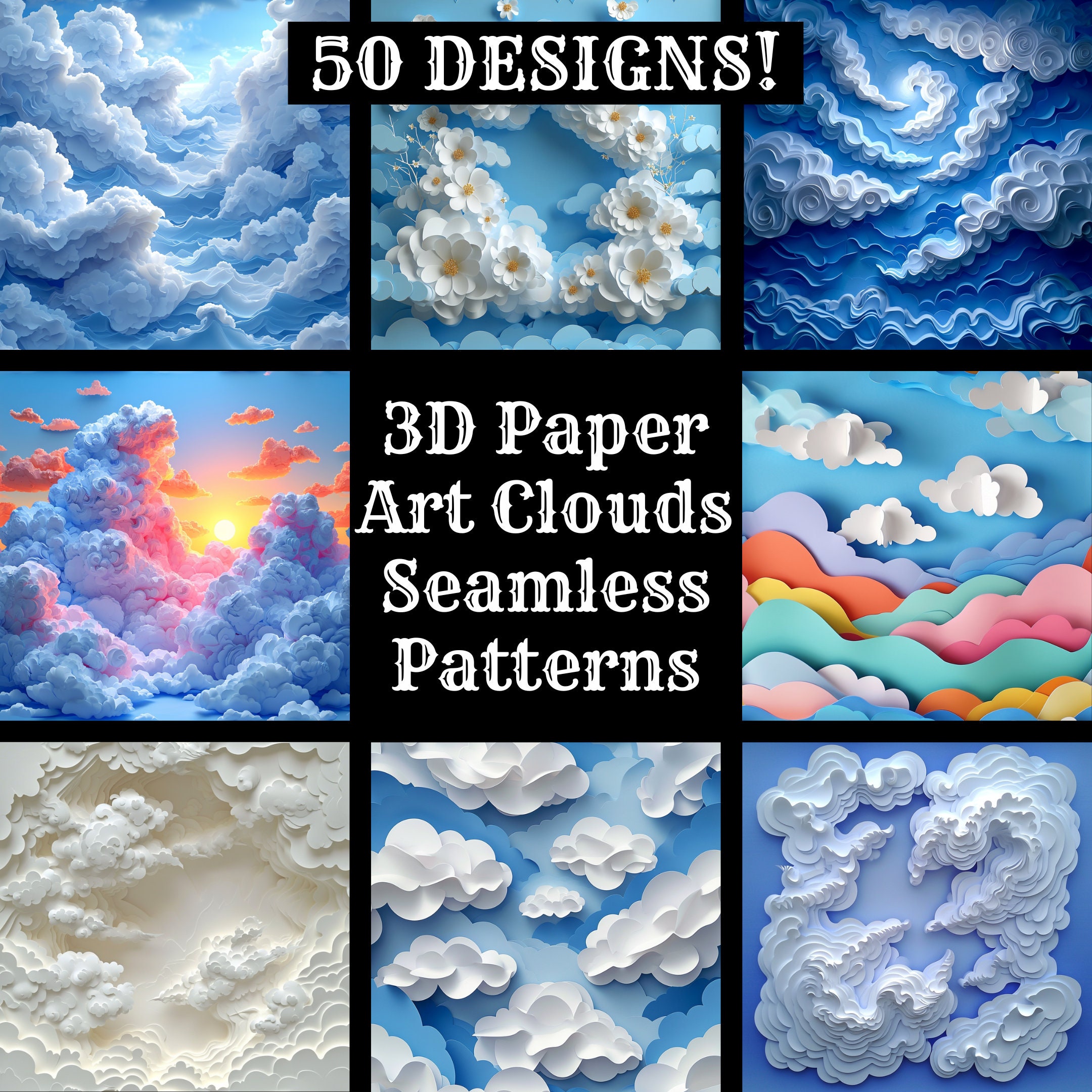 3D Paper Art Clouds Seamless Digital Paper, Printable Scrapbook Paper ...