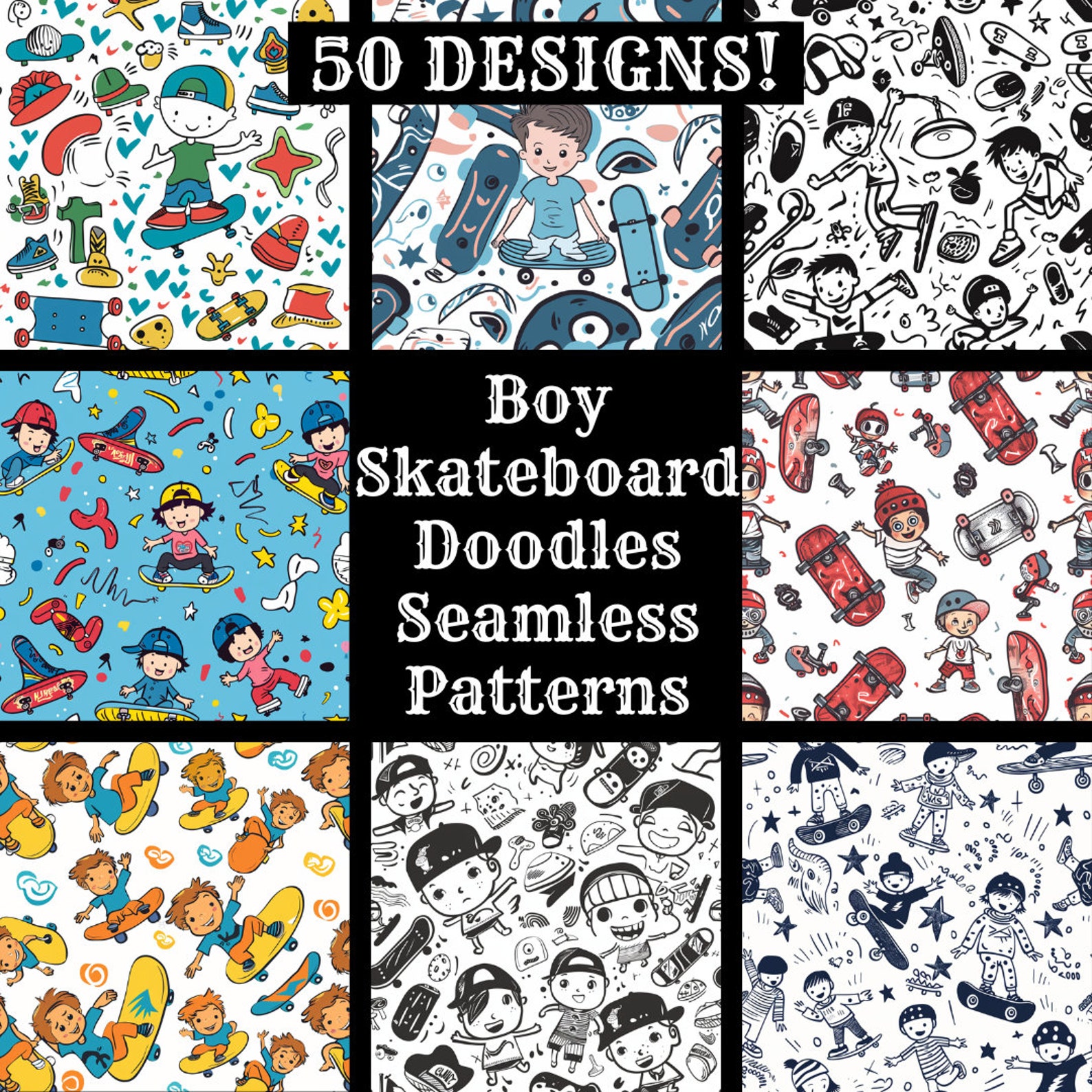 Boy Skateboard Doodles Seamless Pattern: Scrapbook Paper (digital ...