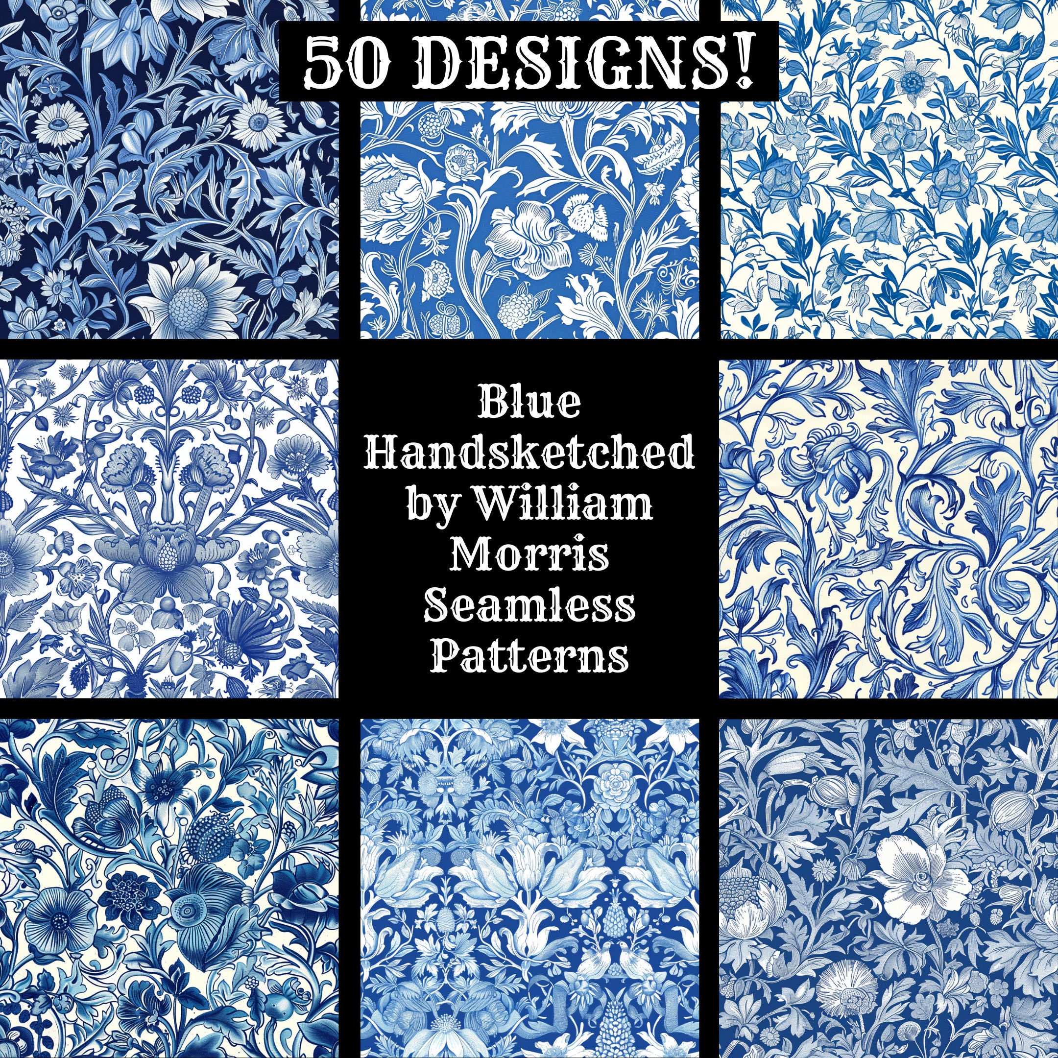William Morris Blue Floral Seamless Pattern: Handsketched Digital Paper ...