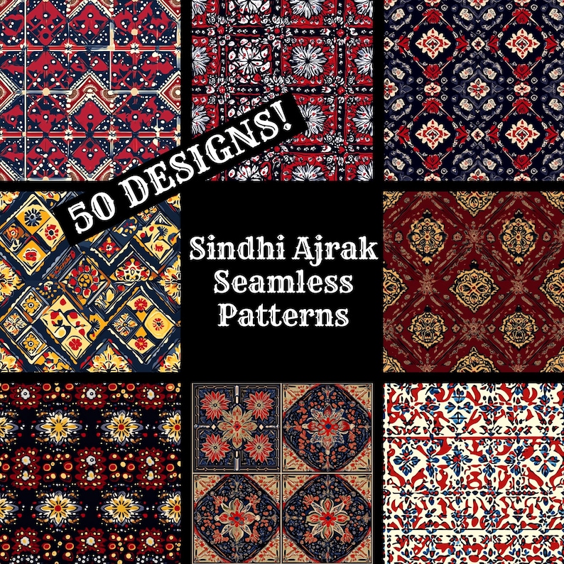 Sindhi Ajrak Seamless Pattern: 50 Digital Papers (PNG, 300 Dpi ...