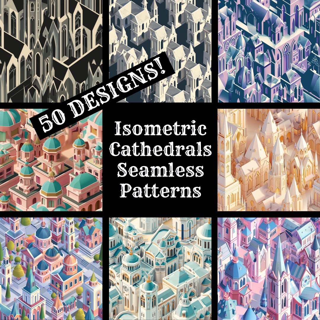 Isometric Cathedral Seamless Pattern: 50 PNG Digital Papers (digital ...