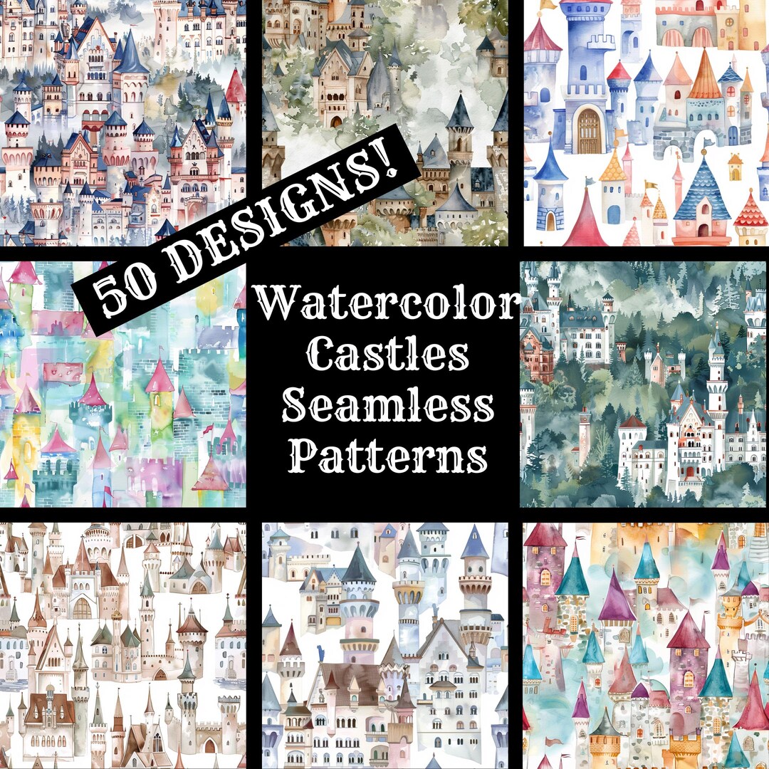 Watercolor Castles Seamless Digital Paper, Printable Scrapbook Paper ...