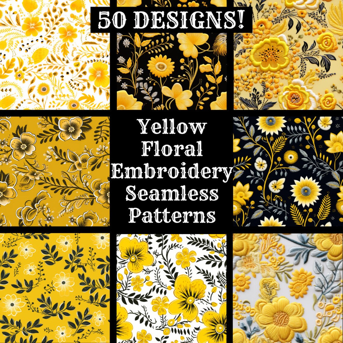 Yellow Floral Embroidery Seamless Digital Paper, Printable Scrapbook ...