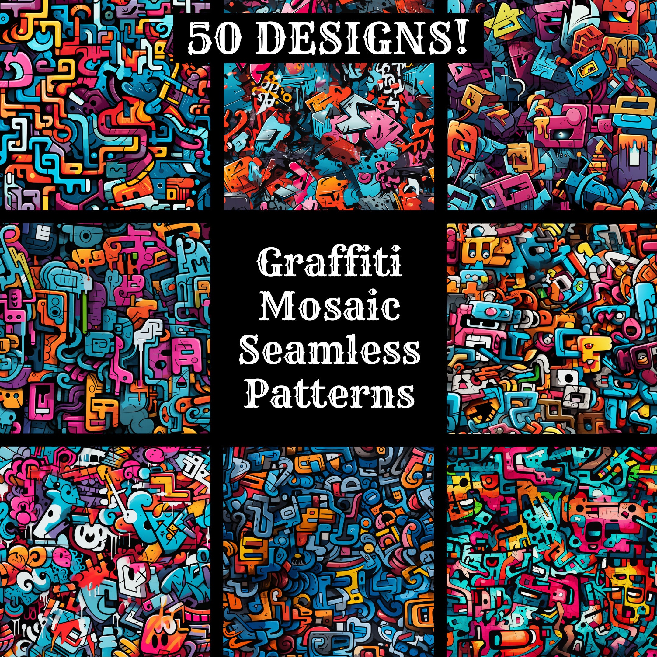 Graffiti Mosaic Seamless Digital Paper, Printable Scrapbook Paper ...