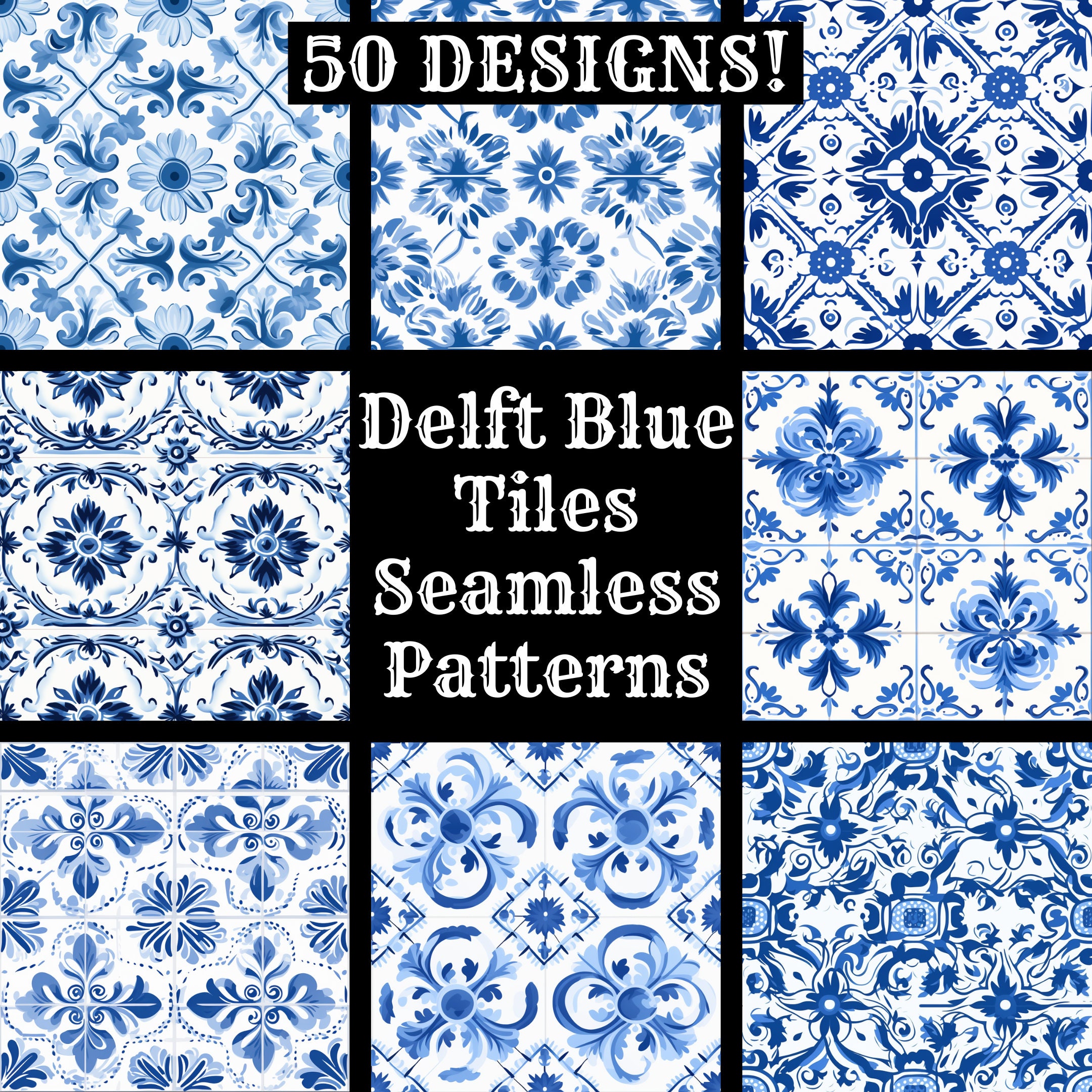Delft Blue Tile Seamless Patterns: Scrapbook Paper (digital Download ...