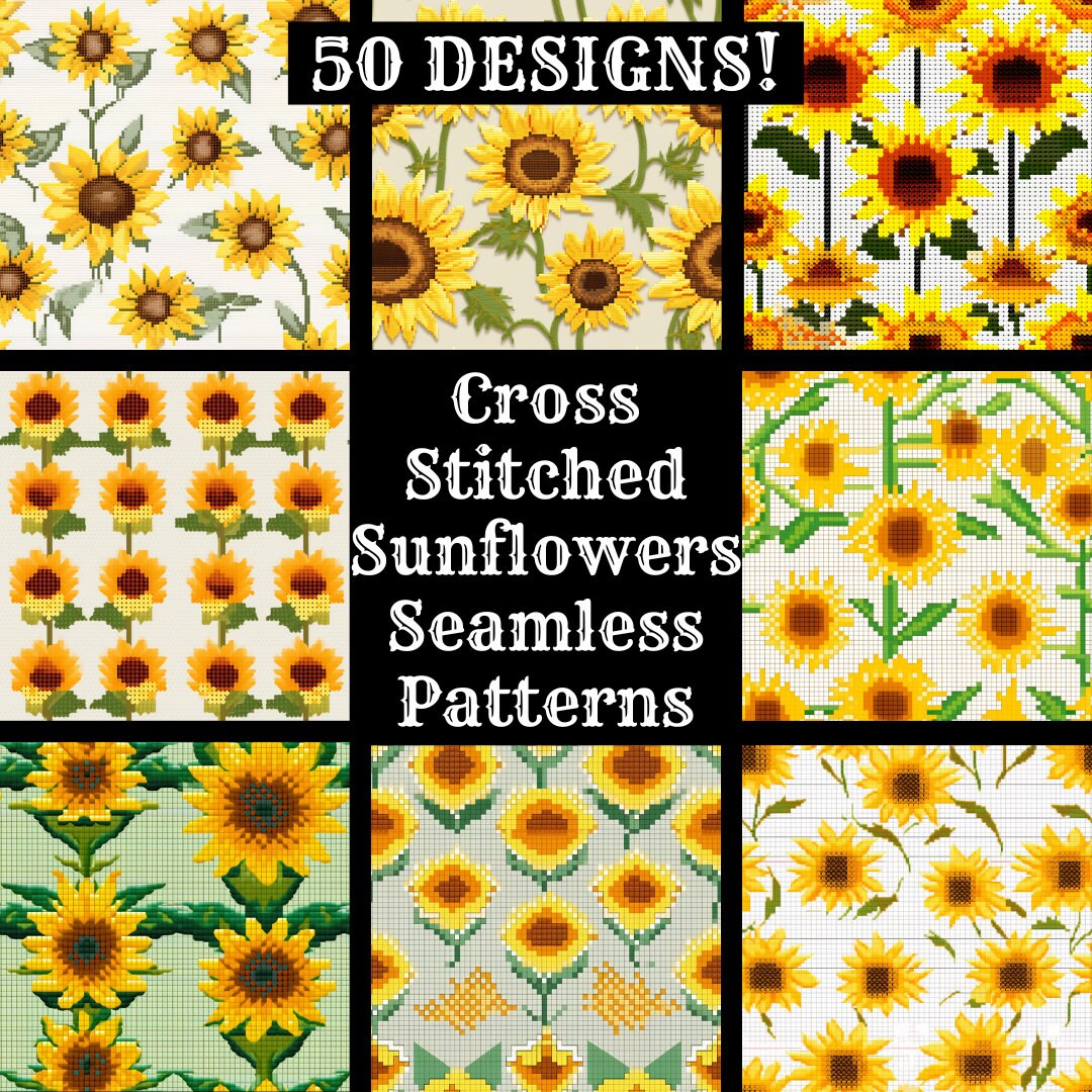 Cross Stitched Sunflowers Seamless Digital Paper, Printable Scrapbook ...