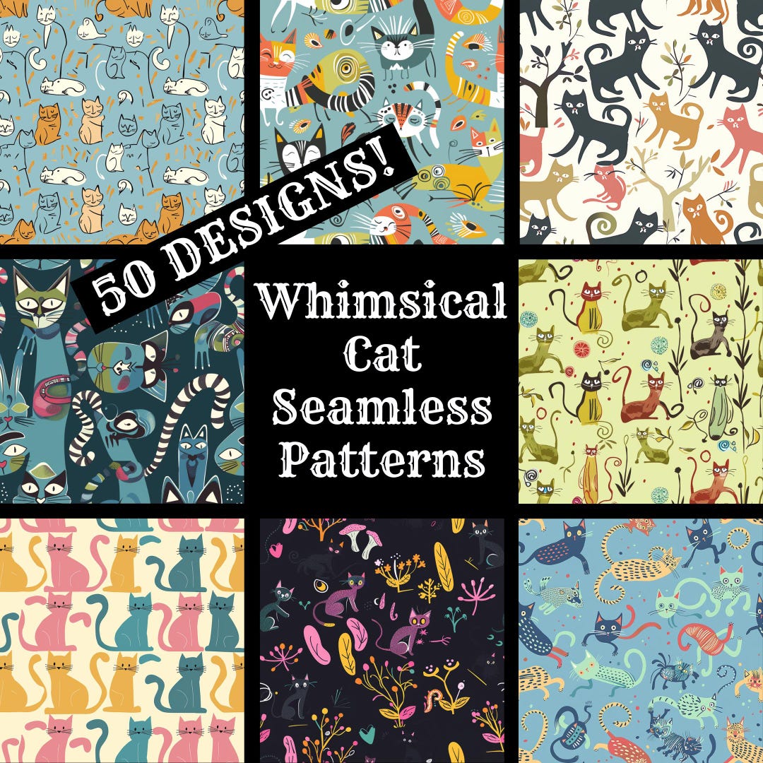Whimsical Cat Seamless Digital Paper, Whimsical Cat Printable Scrapbook ...