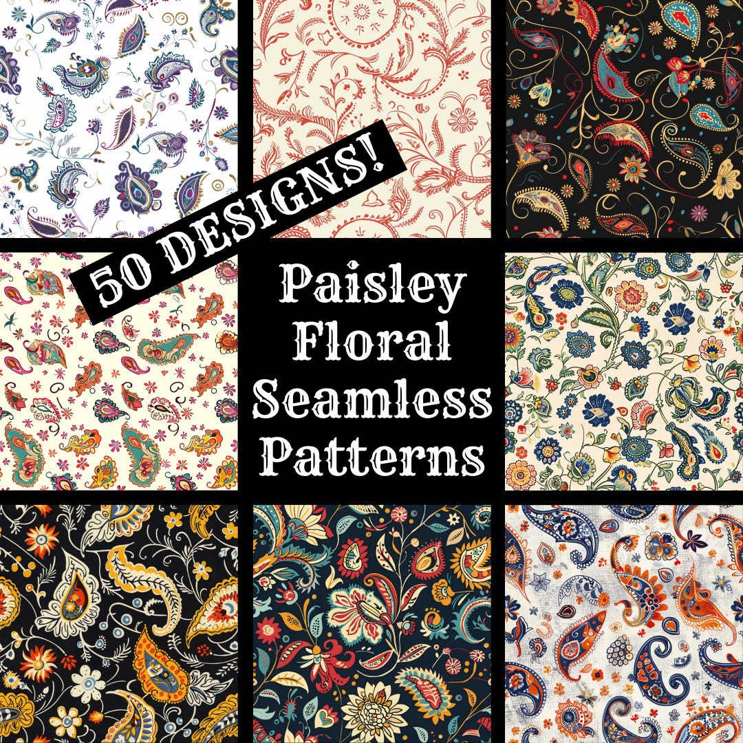 Paisley Floral Seamless Pattern: 50 PNG Digital Papers (1024x1024 Px ...