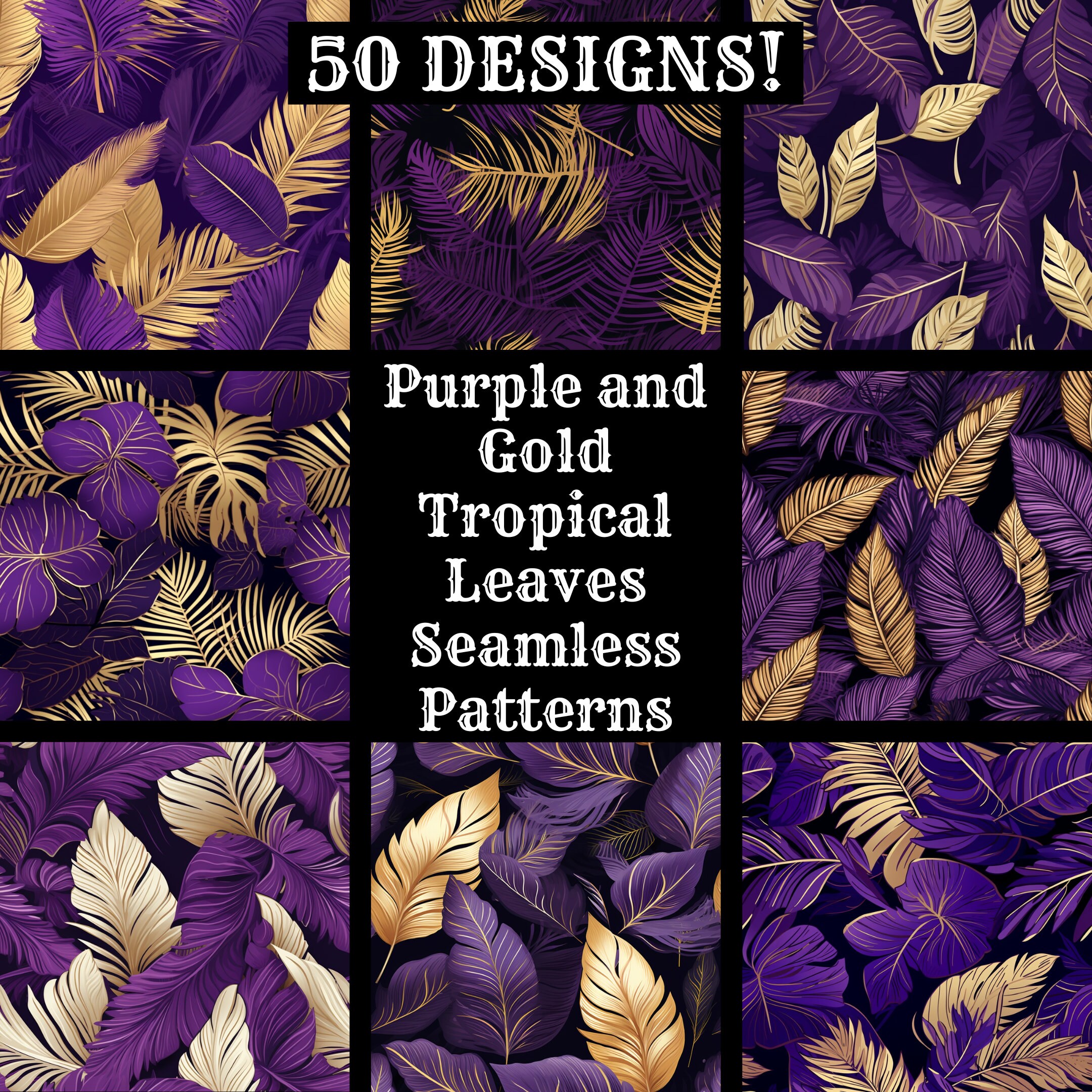 Purple and Gold Tropical Leaves Seamless Digital Paper Printable ...