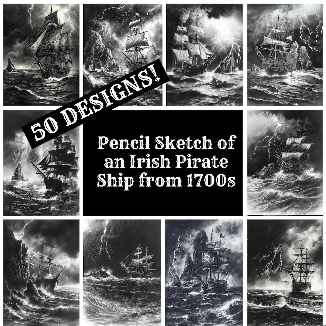 Pencil Sketch of an Irish Pirate Ship From 1700s Journal Paper, Pirate ...