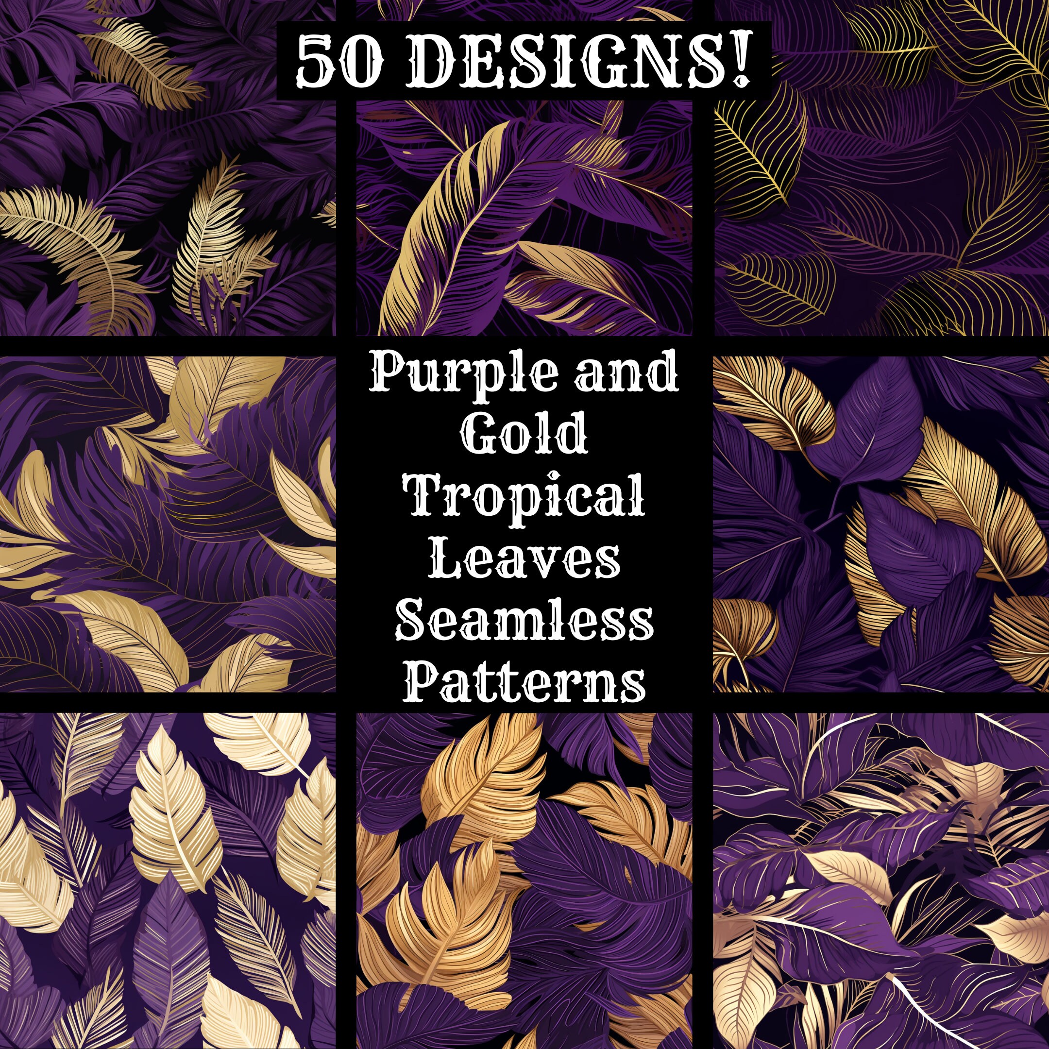 Purple and Gold Tropical Leaves Seamless Digital Paper Printable ...