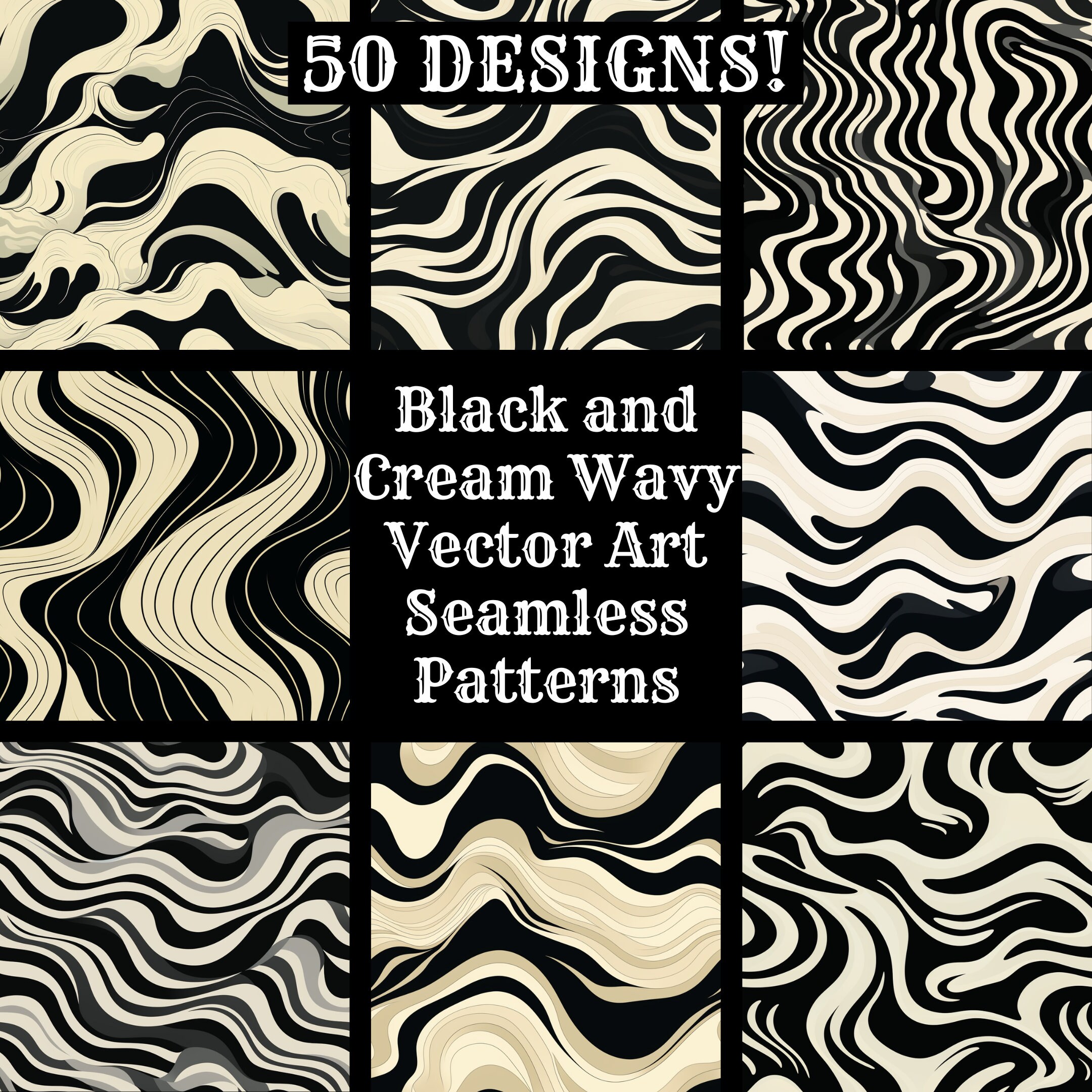 Black and Cream Wavy Vector Art Seamless Digital Paper - Etsy