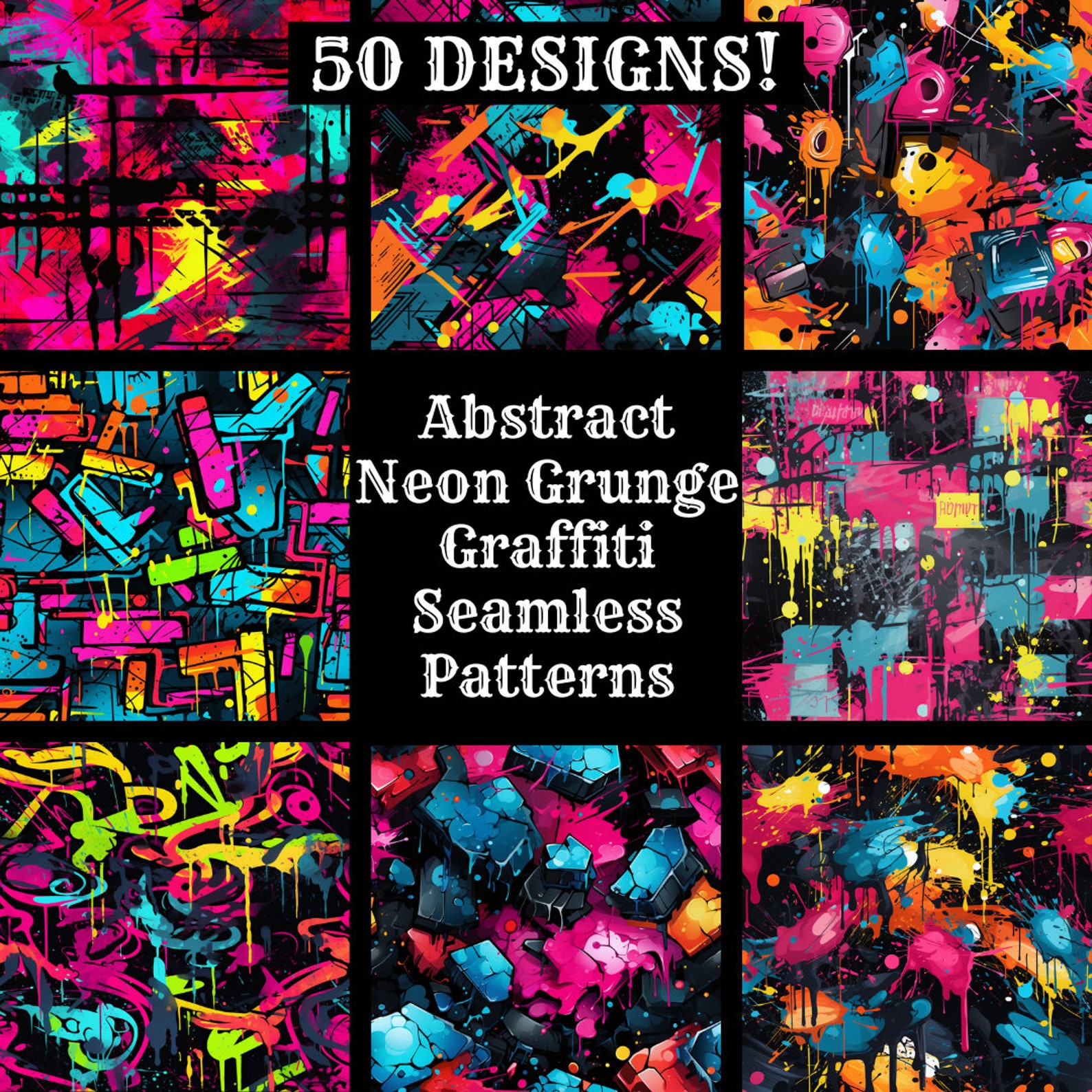 Abstract Neon Grunge Graffiti Seamless Digital Paper, Printable ...