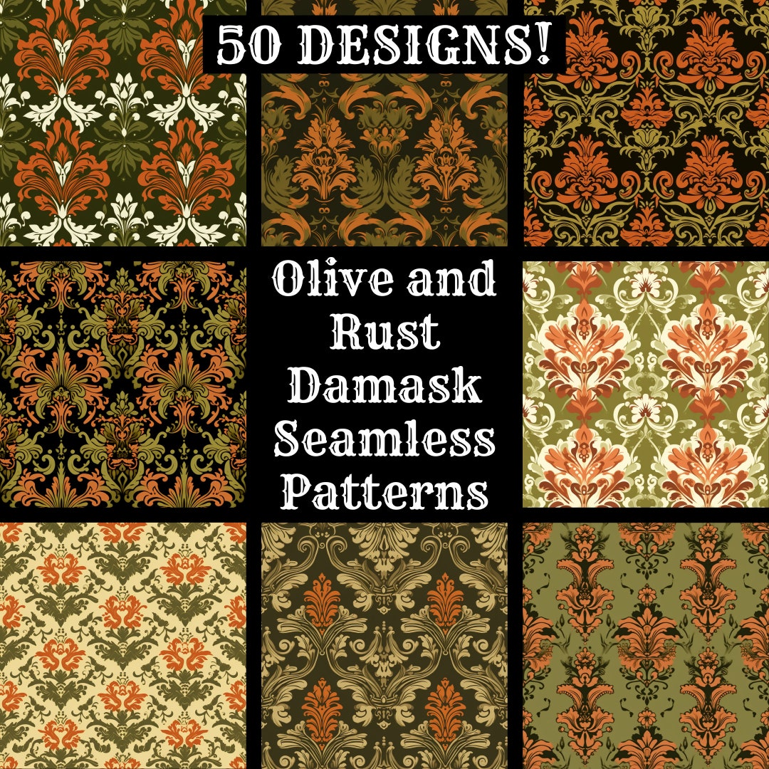 Olive and Rust Damask Seamless Digital Paper, Printable Scrapbook Paper ...