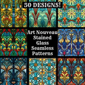 Art Nouveau Stained Glass Seamless Patterns: 50 PNG Digital Papers ...