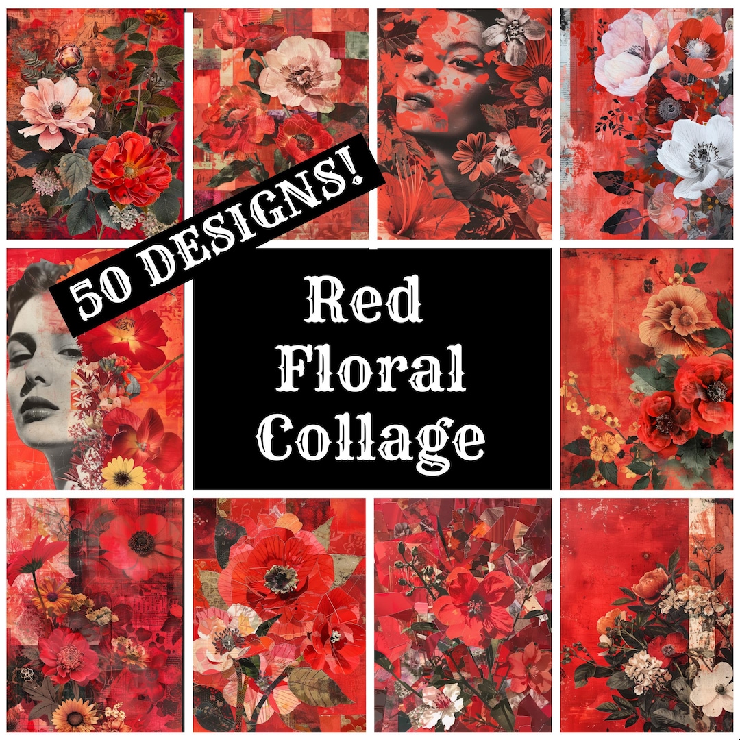 Red Floral Collage Journal Paper: Vintage Scrapbook (digital Download ...