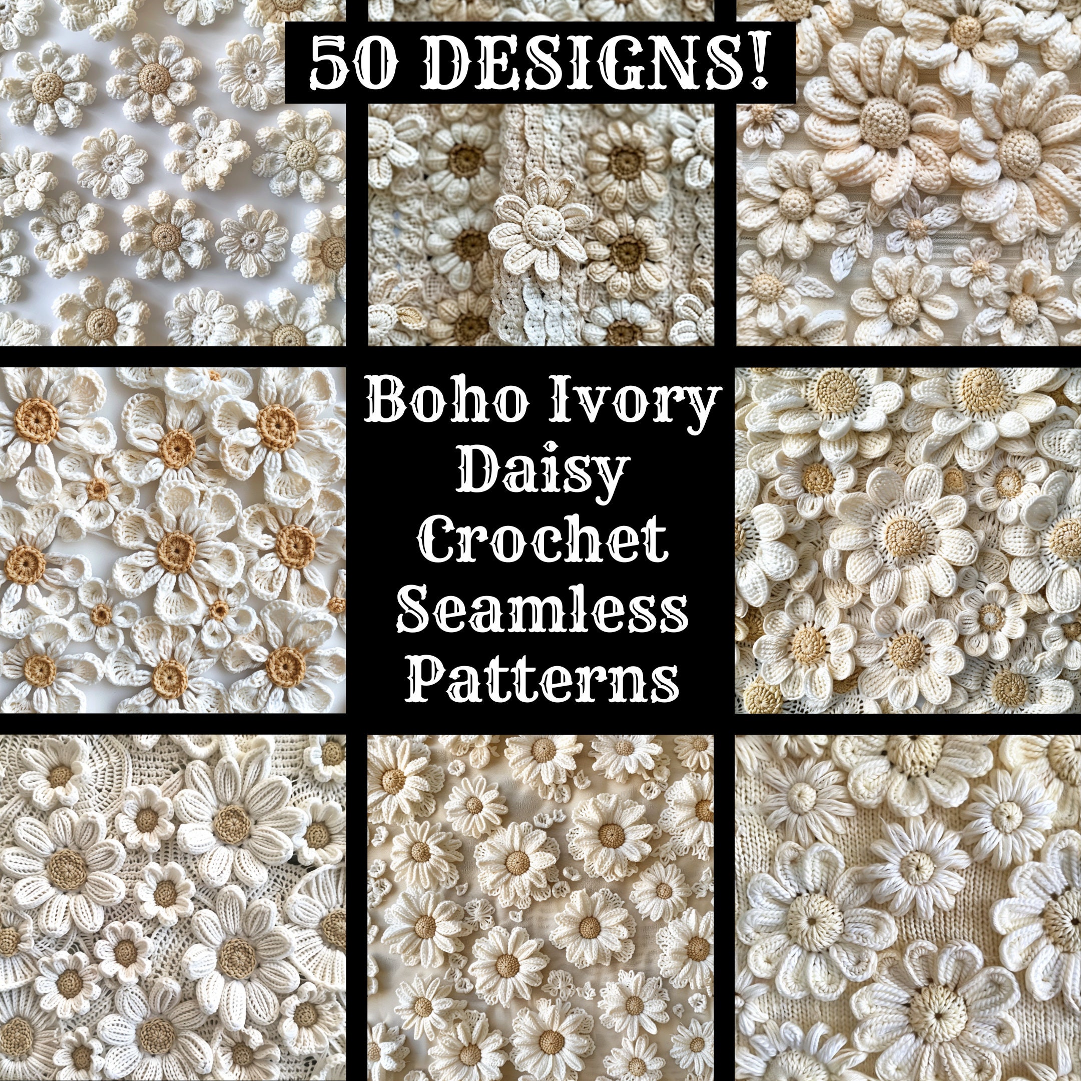 Boho Ivory Daisy Crochet Seamless Patterns: 50 PNG Designs (digital ...