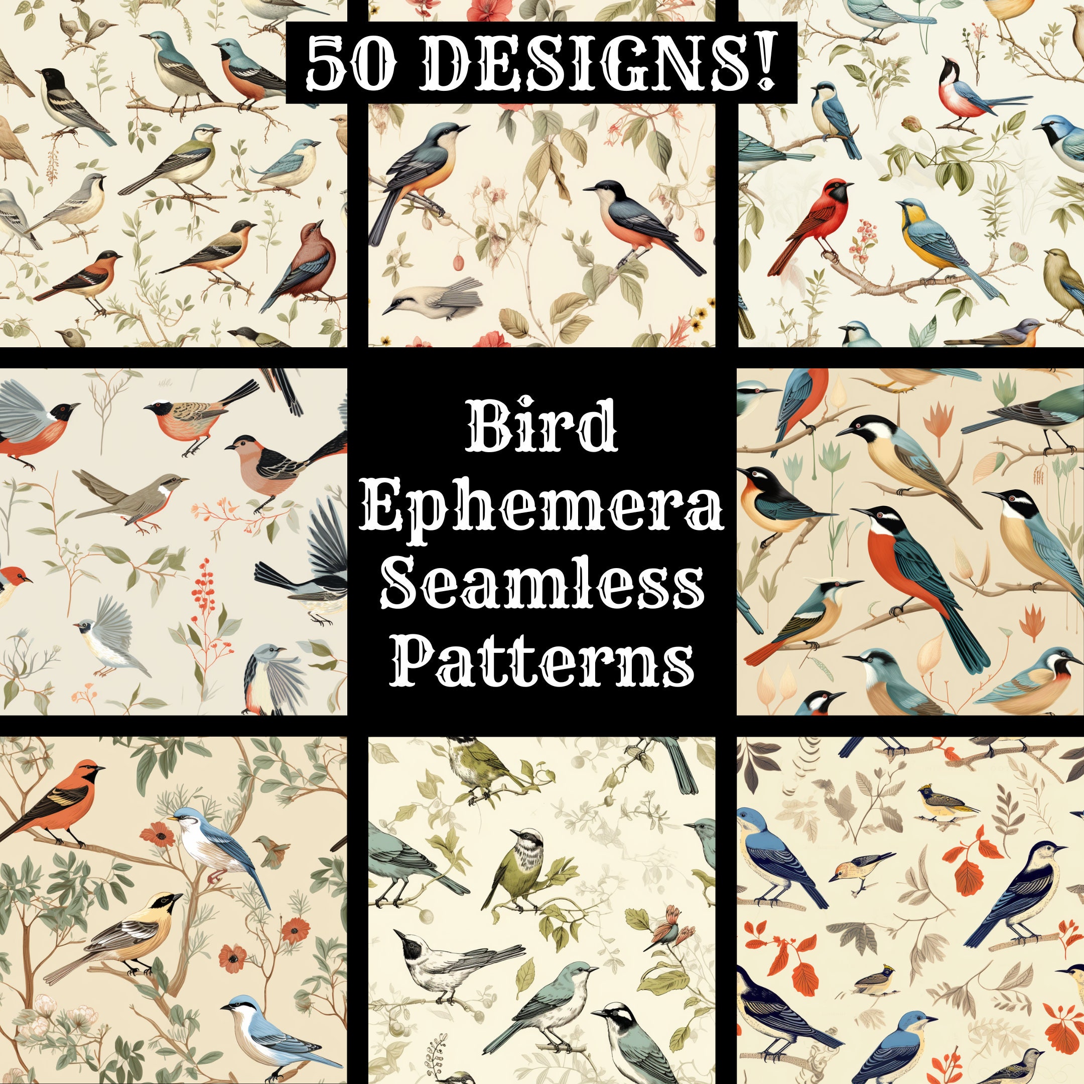Bird Ephemera Seamless Digital Paper, Printable Scrapbook Paper ...