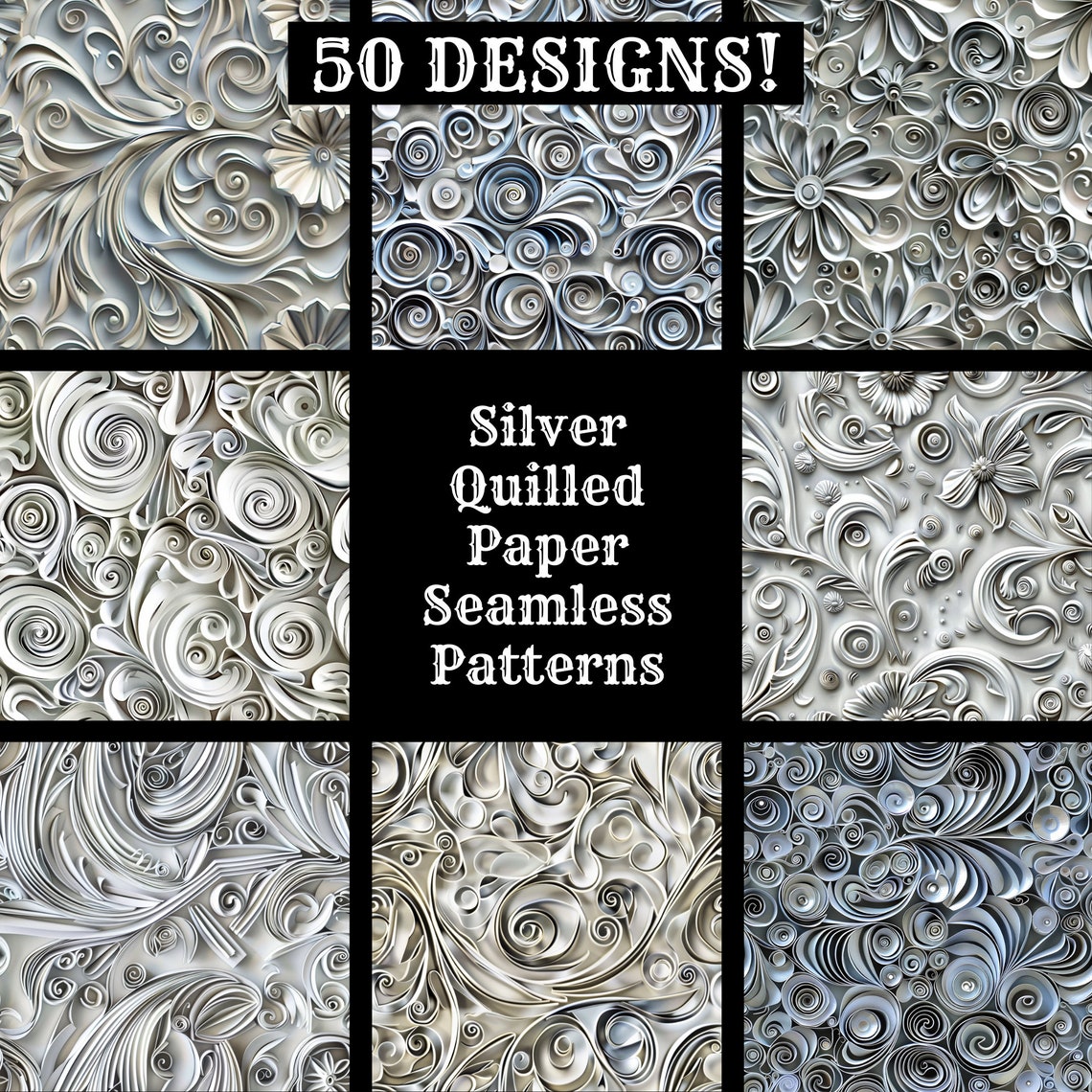 Silver Quilled Paper Seamless Digital Paper, Silver Quilled Paper ...