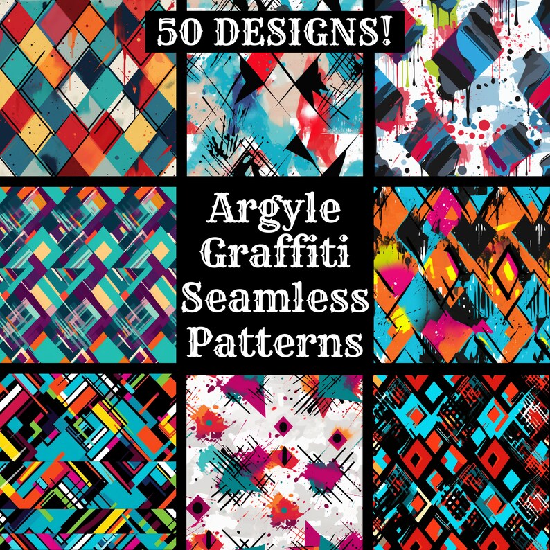 Argyle Graffiti Seamless Pattern: 50 PNG Digital Papers (digital ...