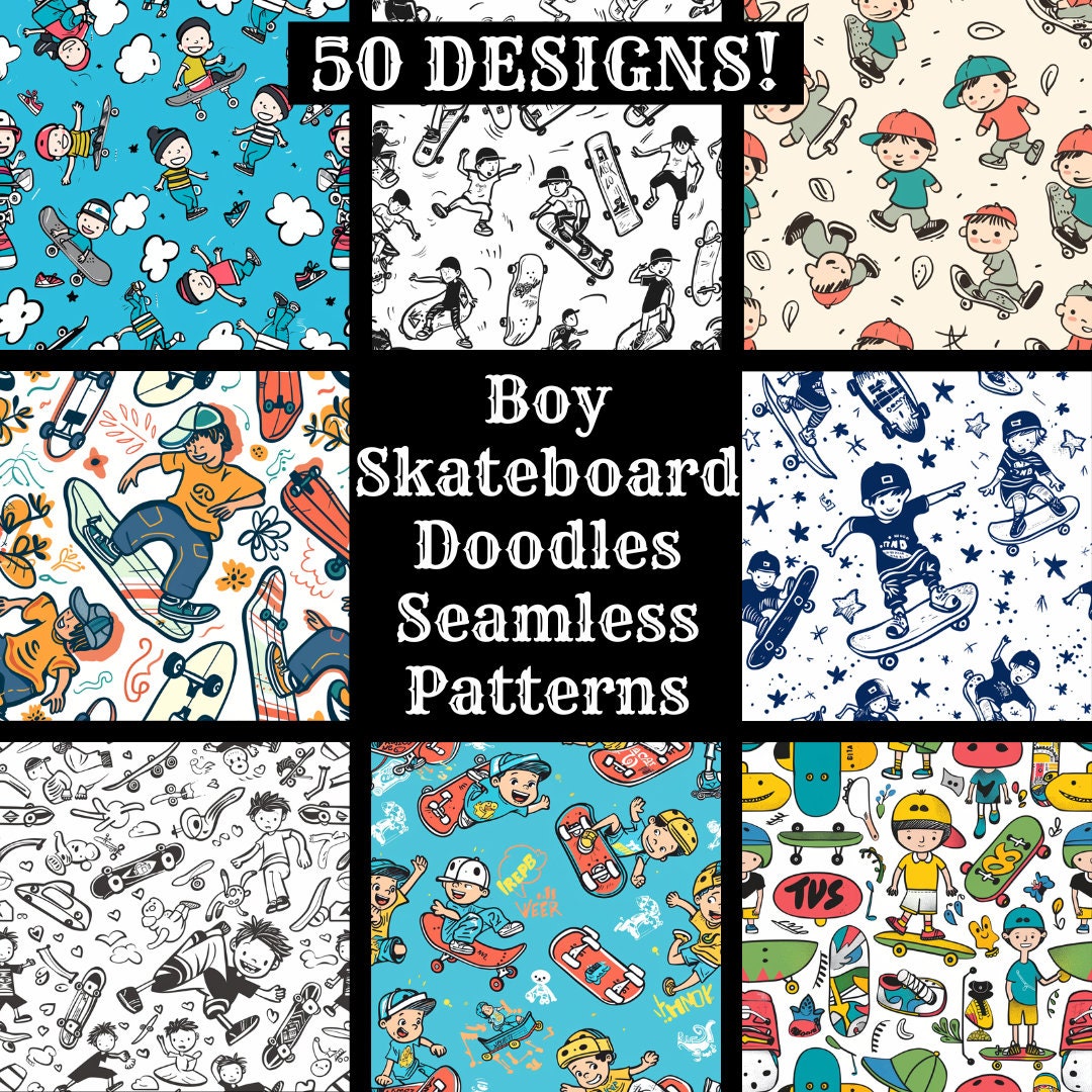 Boy Skateboard Doodles Seamless Digital Paper, Boy Skateboard Doodles ...