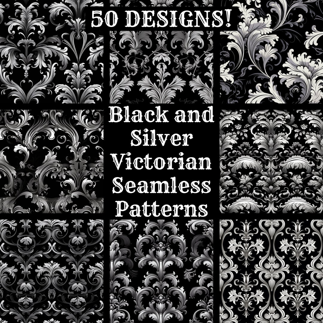 Black and Silver Victorian Seamless Digital Paper, Printable Scrapbook ...