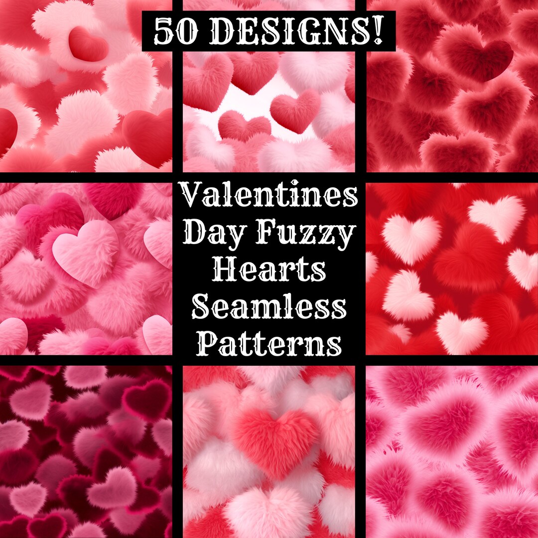 Valentines Fuzzy Hearts Seamless Pattern: 50 PNG Designs (digital ...