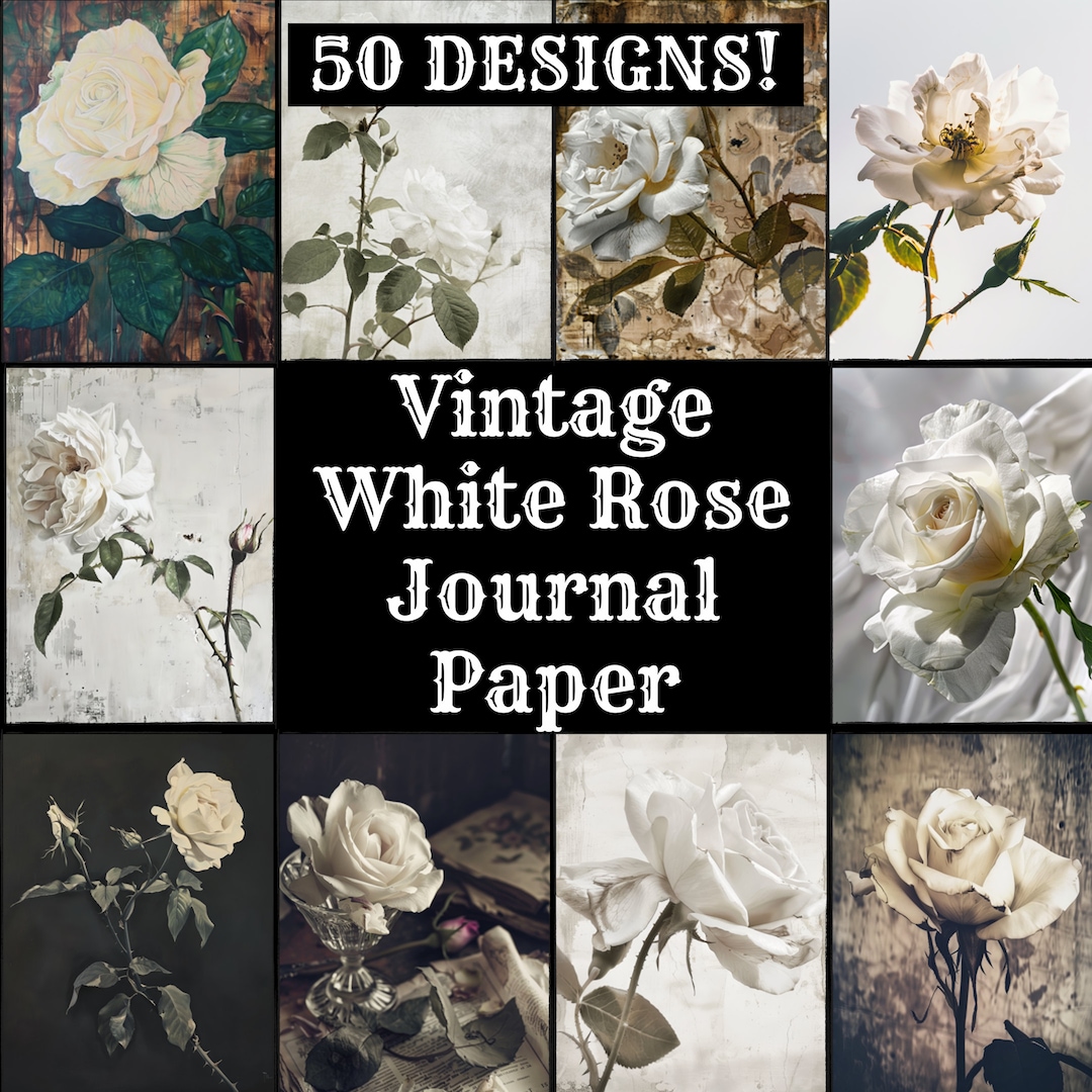 Vintage White Rose Journal Paper, Vintage White Rose Printable Paper ...