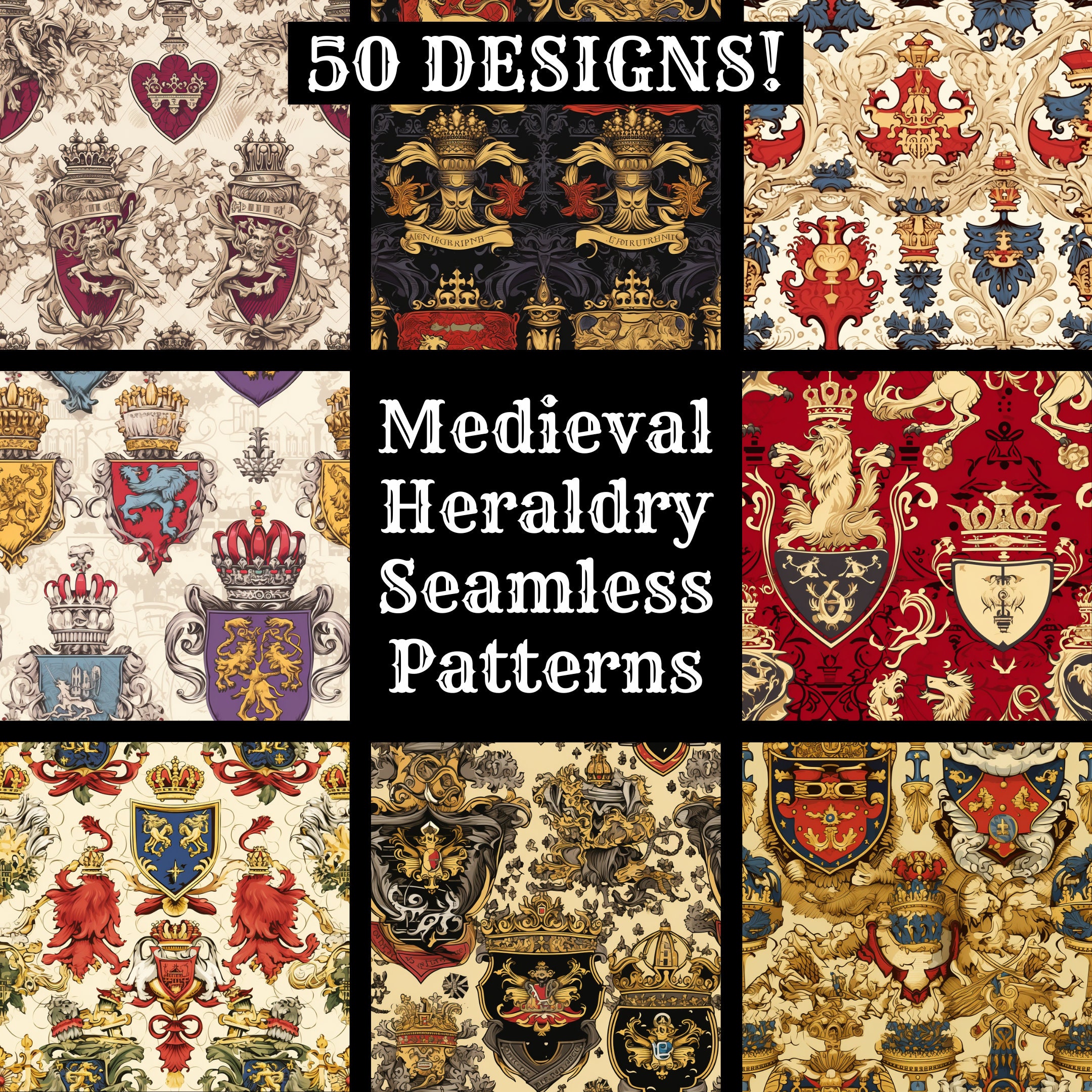 Medieval Heraldry Seamless Patterns: 50 PNG Digital Papers (1024x1024 ...